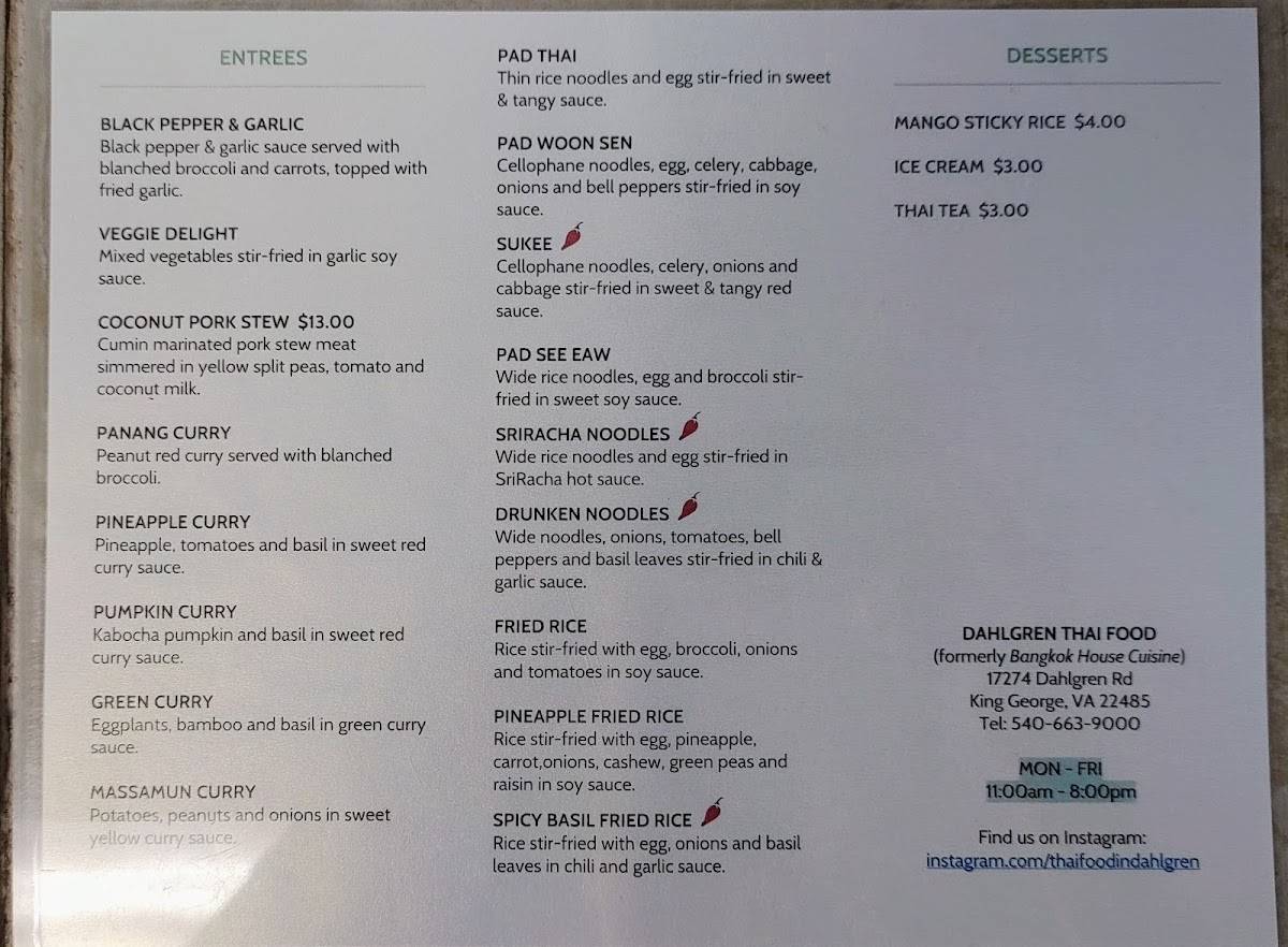 Menu at Dahlgren Thai Food restaurant, Dahlgren