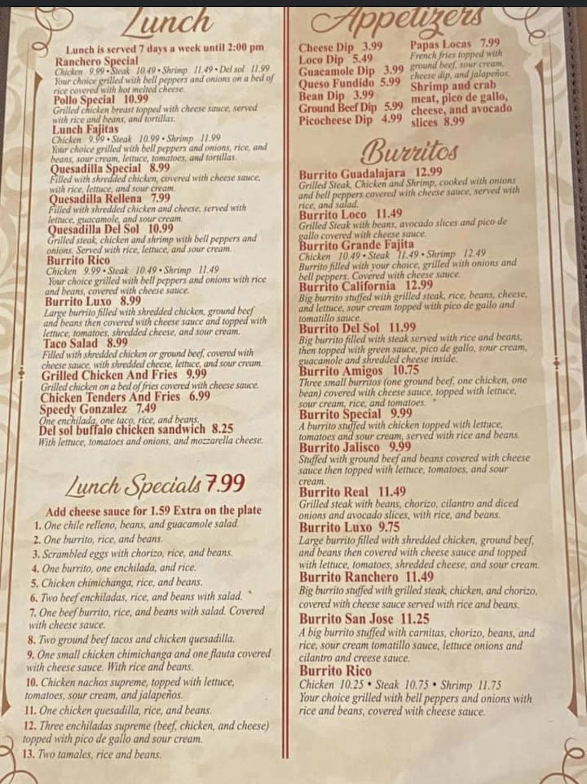 Menu at Del Sol Mexican Restaurant, Laurel