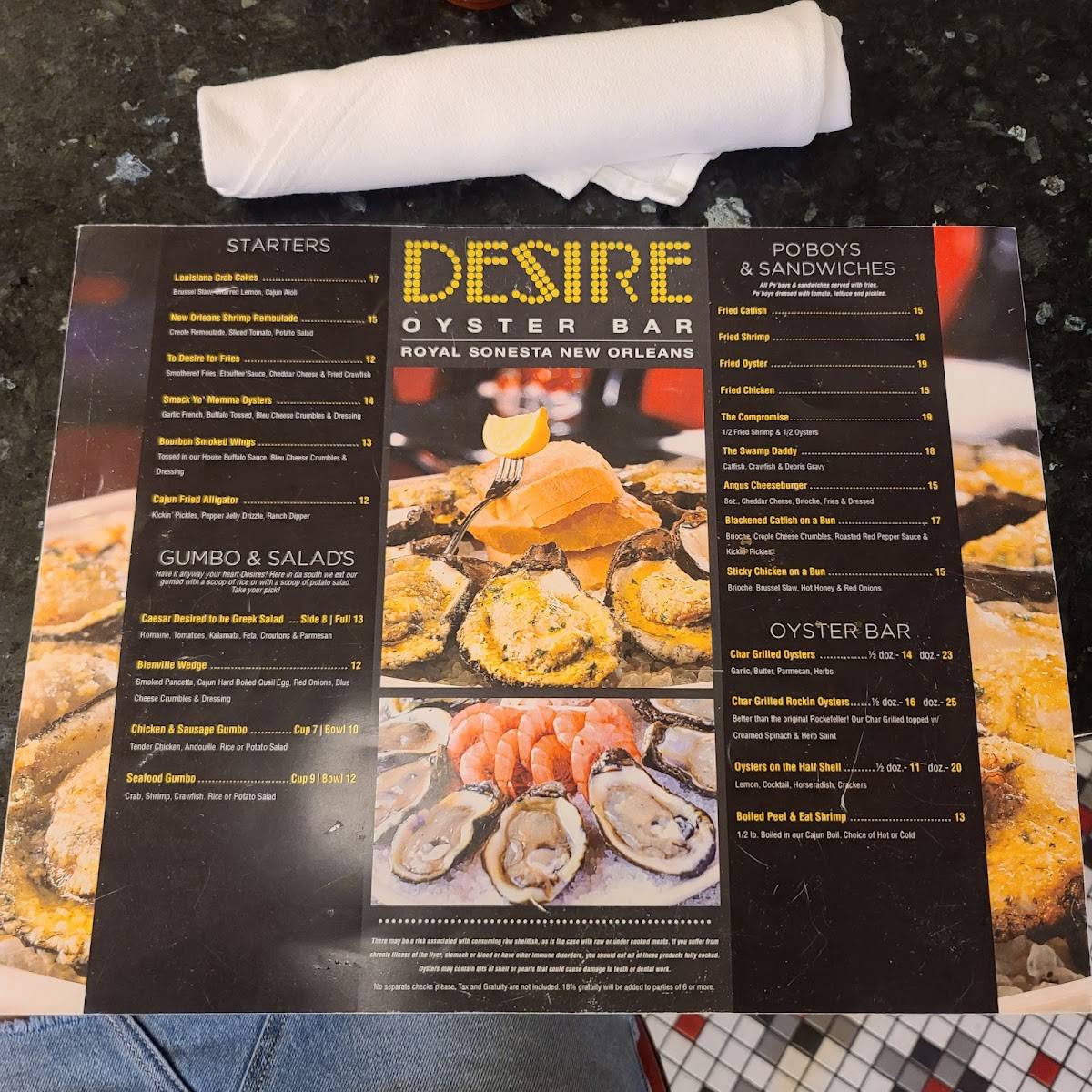 Menu at Desire Oyster Bar, New Orleans