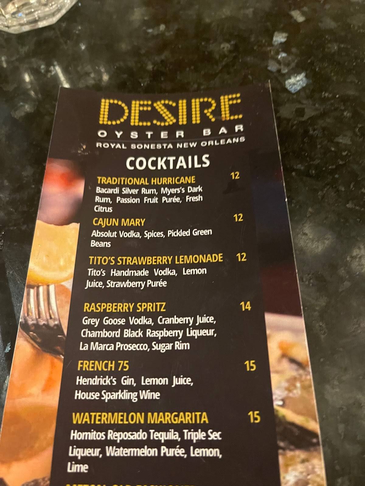 Menu at Desire Oyster Bar, New Orleans