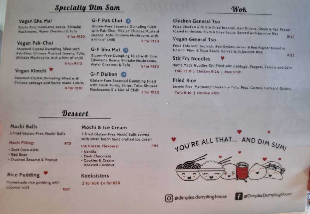 Menu at Dimples Dumpling House restaurant, Cape Town, 33 Palmer Rd