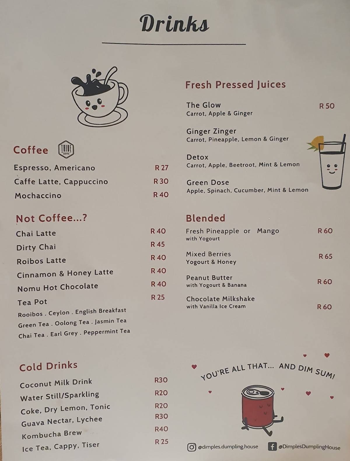 Menu at Dimples Dumpling House restaurant, Cape Town, 33 Palmer Rd