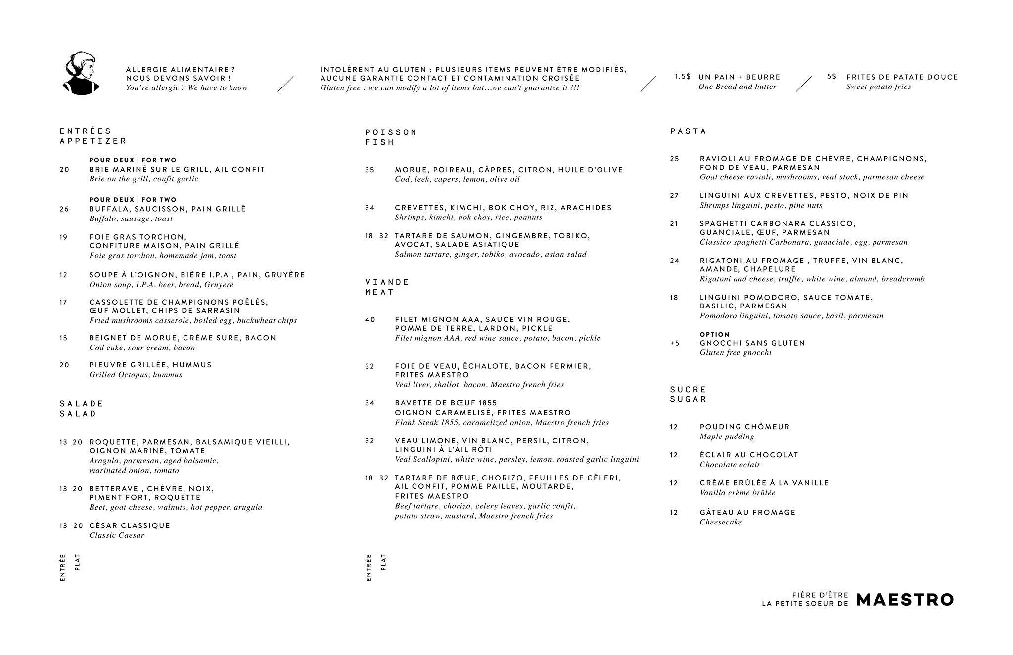 Menu au Restaurant Donalda, Sainte-Adèle