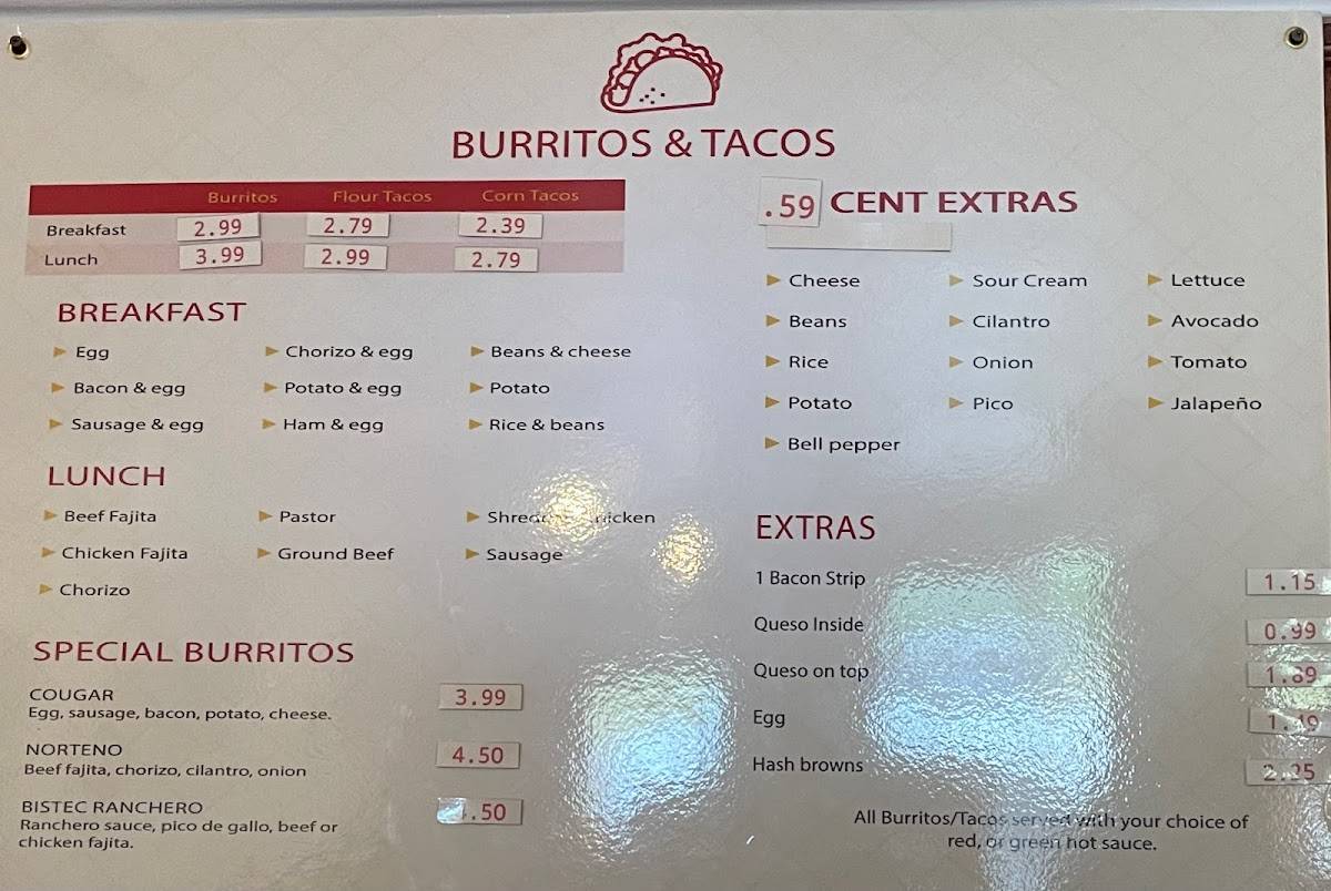 Menu at El Norteno restaurant, Waco, Hwy 6