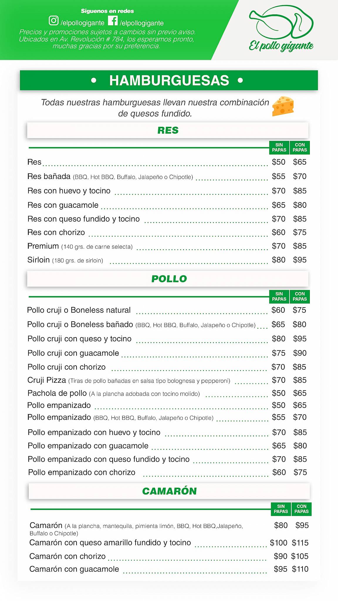 Carta del restaurante El Pollo Gigante, Guadalajara