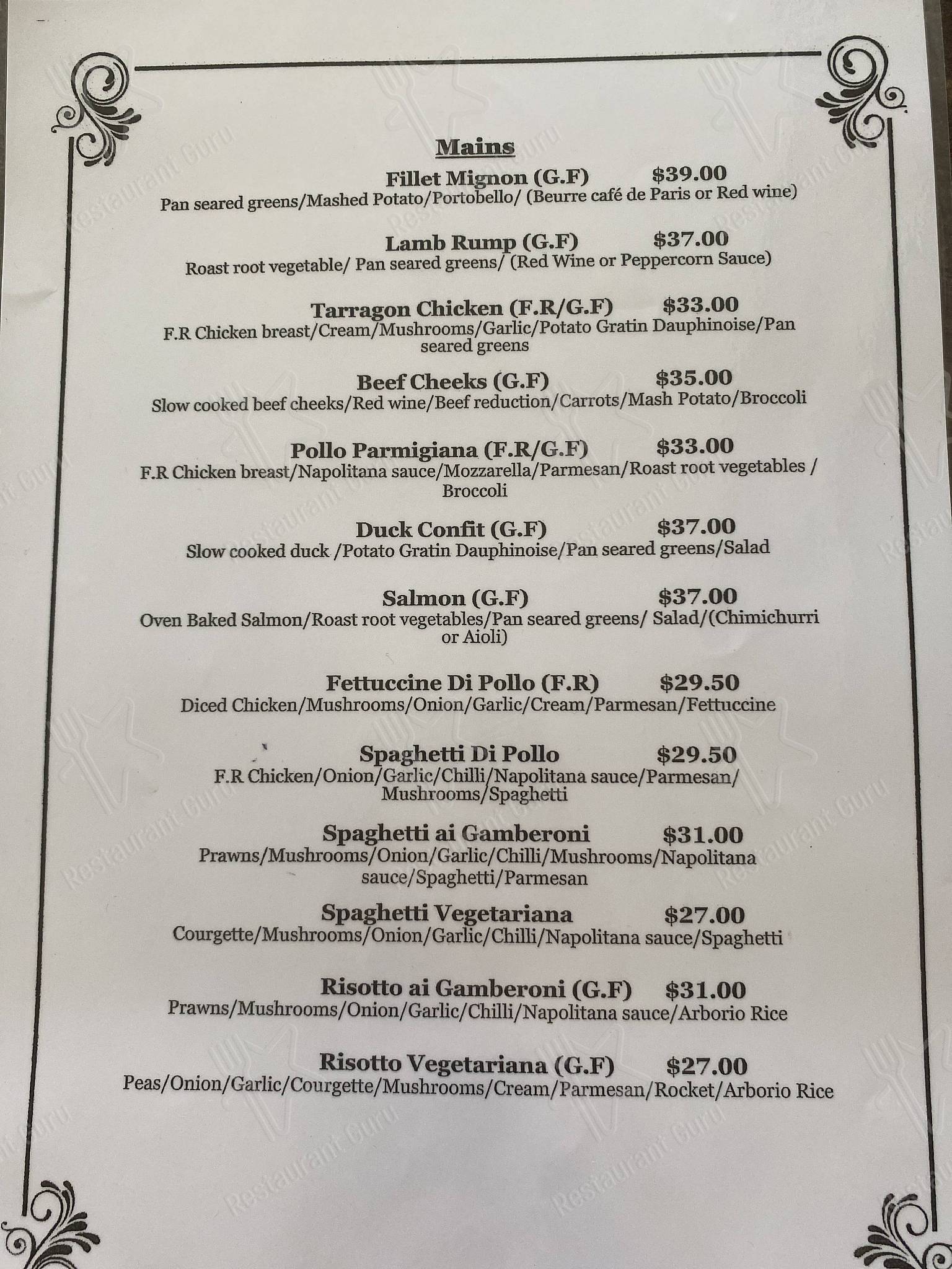 Menu at Faridas restaurant, Orewa