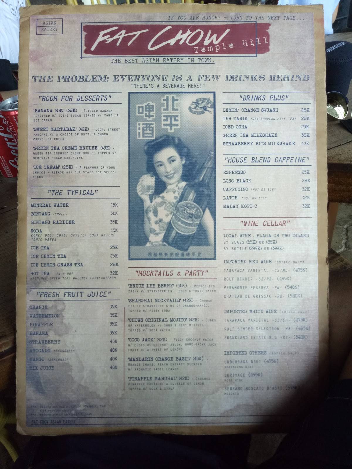 Menu at Fat Chow Temple Hill restaurant, Kuta