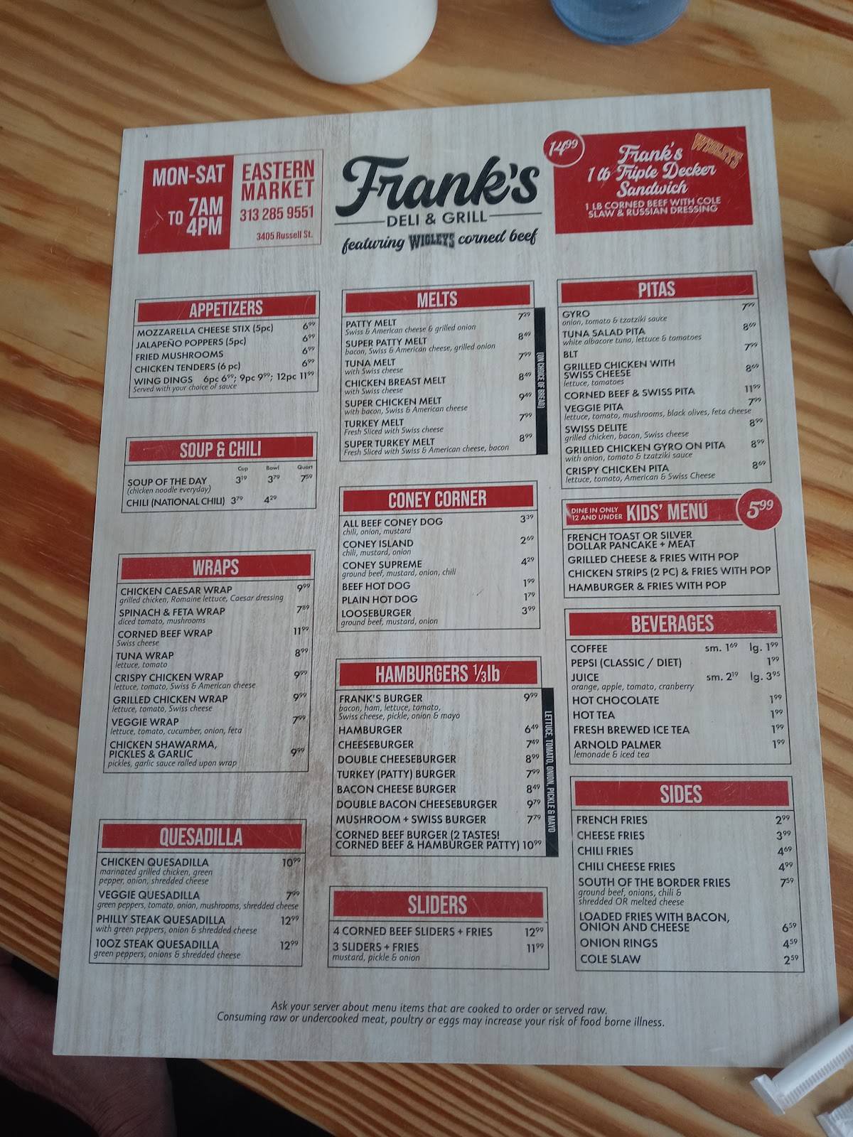 Menu at Frank's Deli & Grill restaurant, Detroit