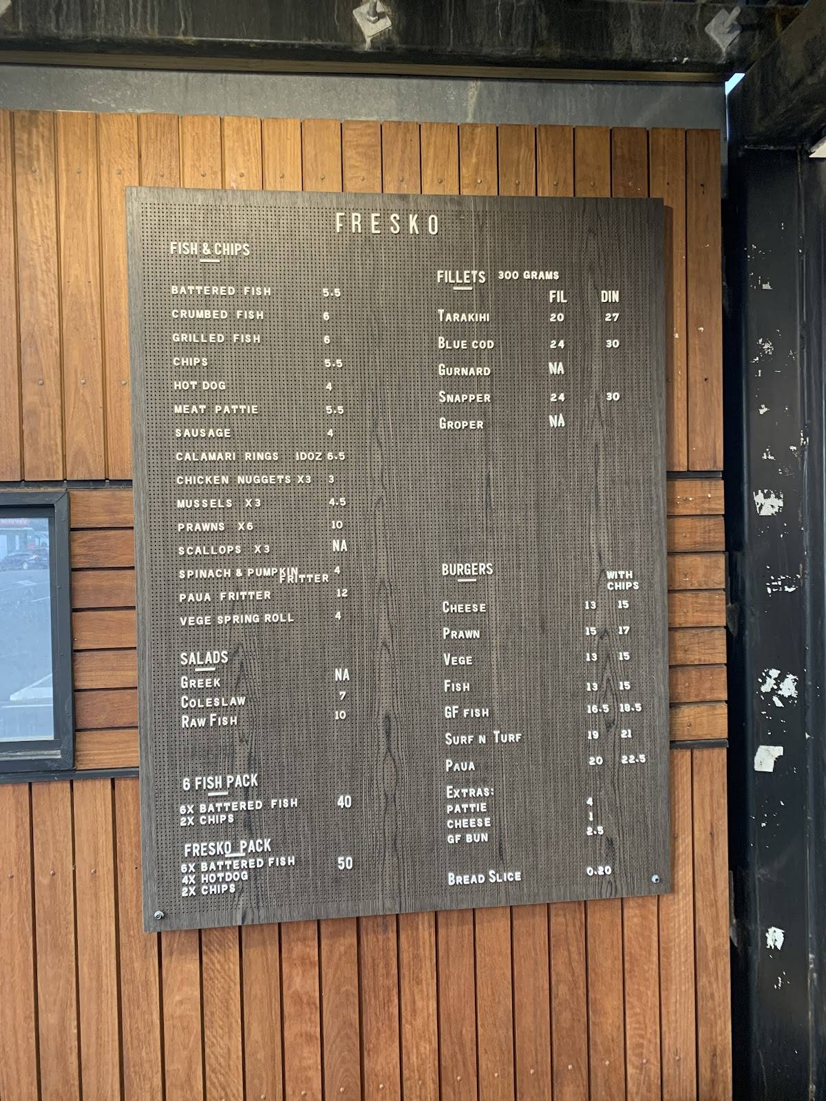 Menu at Fresko Fish & Chips / Fish Market restaurant, Wellington