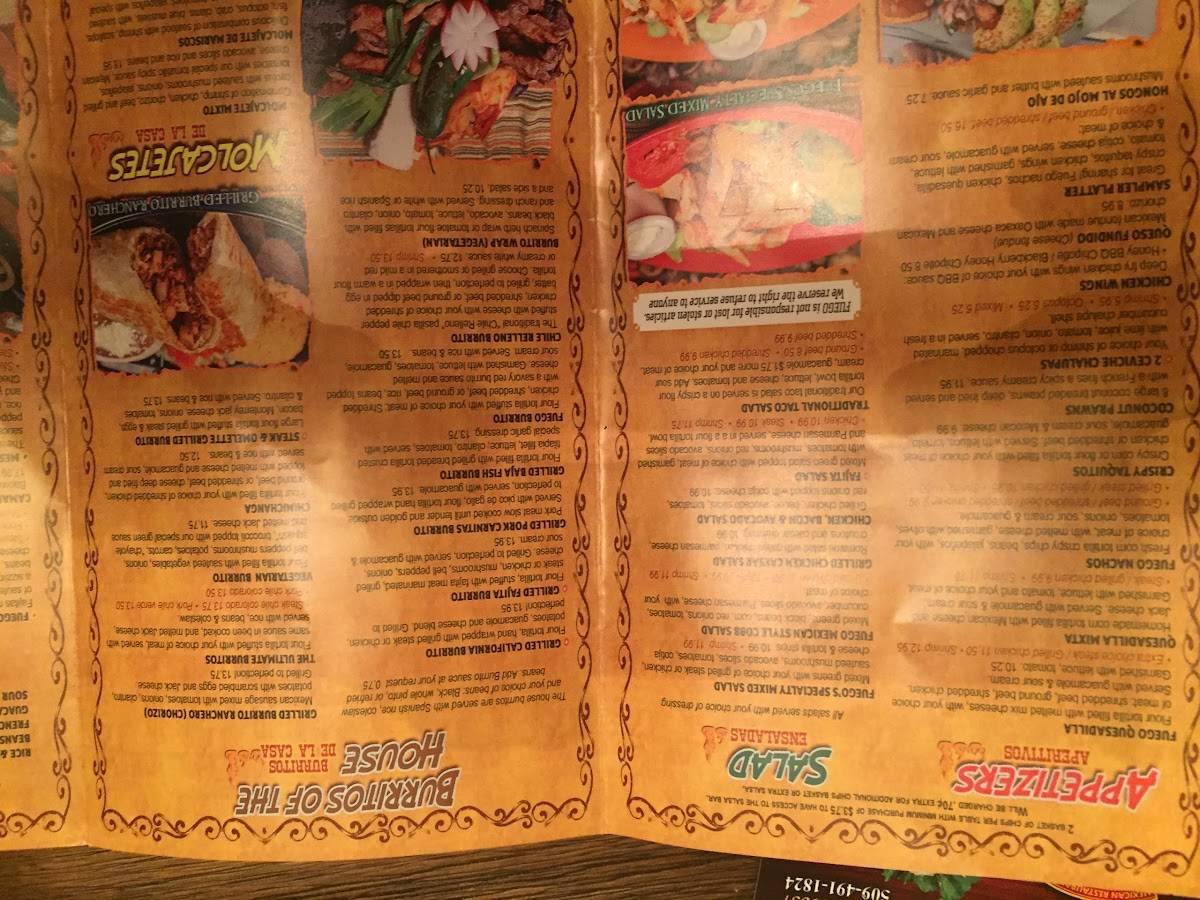Menu at Fuego Mexican Grill restaurant, Kennewick