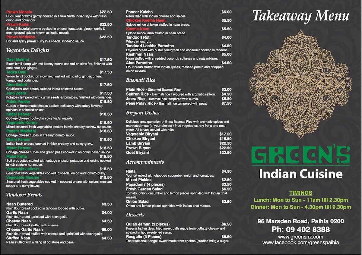 Menu at GREEN'S Paihia - INDIAN Cuisine restaurant, Paihia