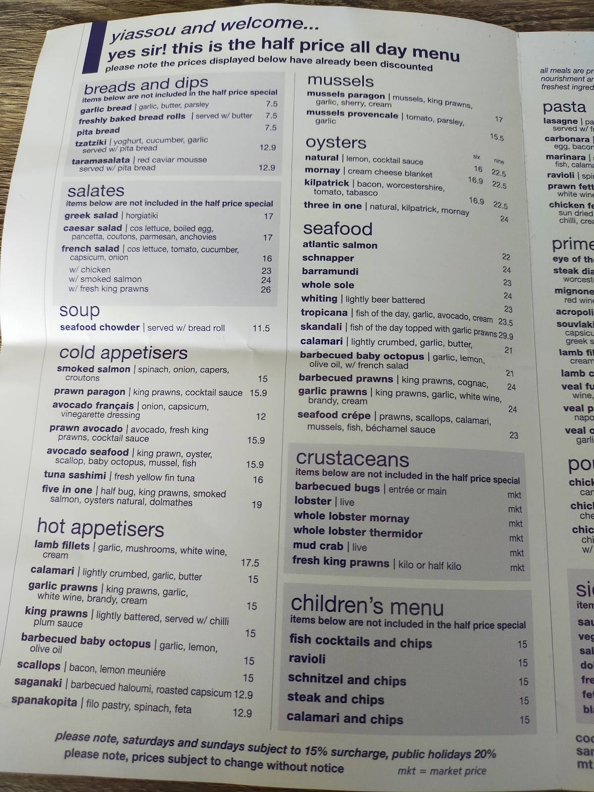 Menu at George's Paragon Coolangatta restaurant, Coolangatta, The Strand