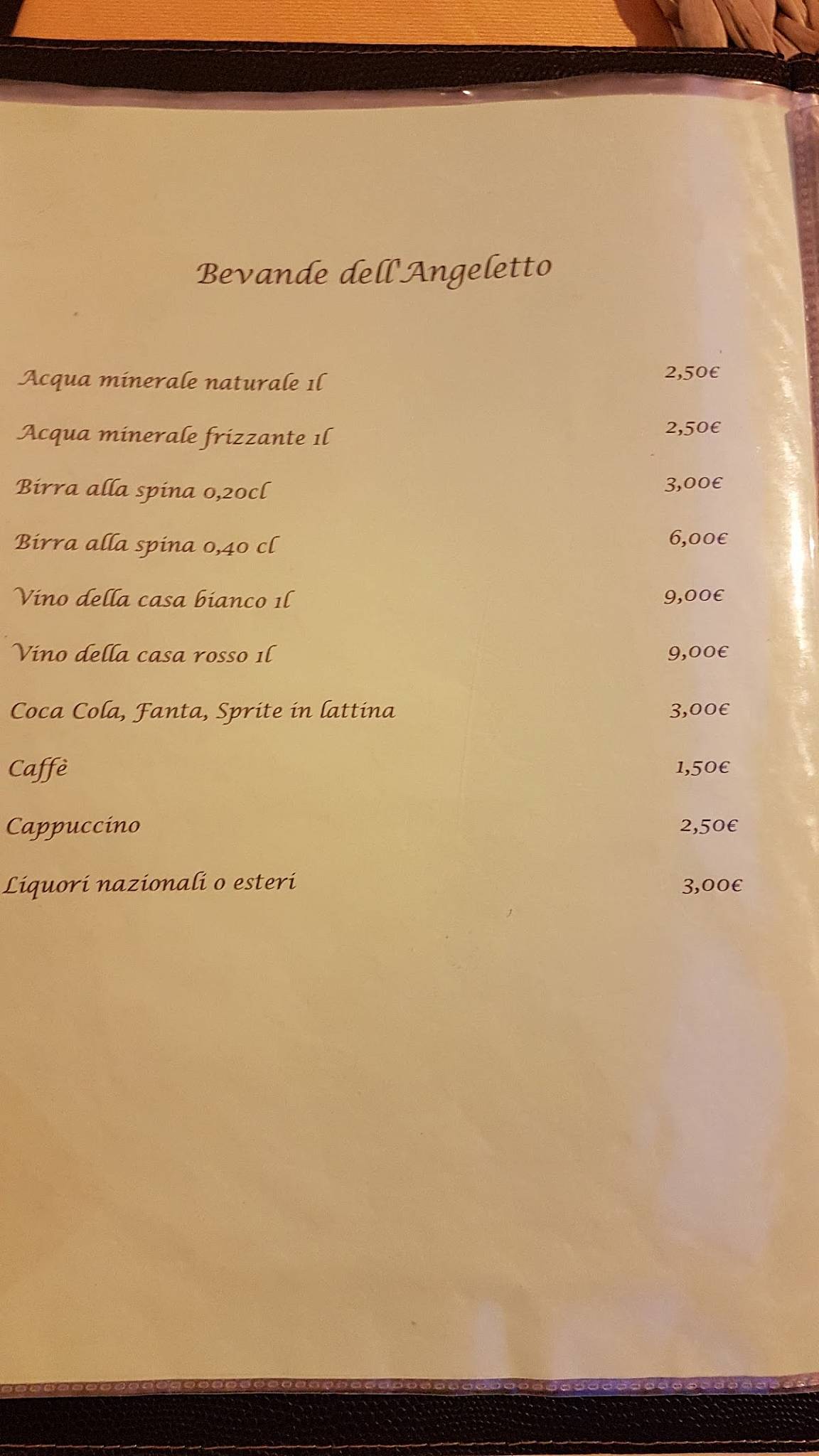 Menu at Gli Angeletti restaurant, Rome, Via dell'Angeletto