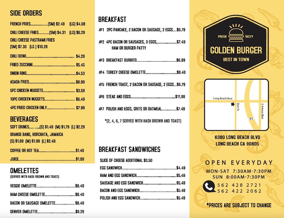Menu at Golden Burger restaurant, Long Beach, Long Beach Blvd