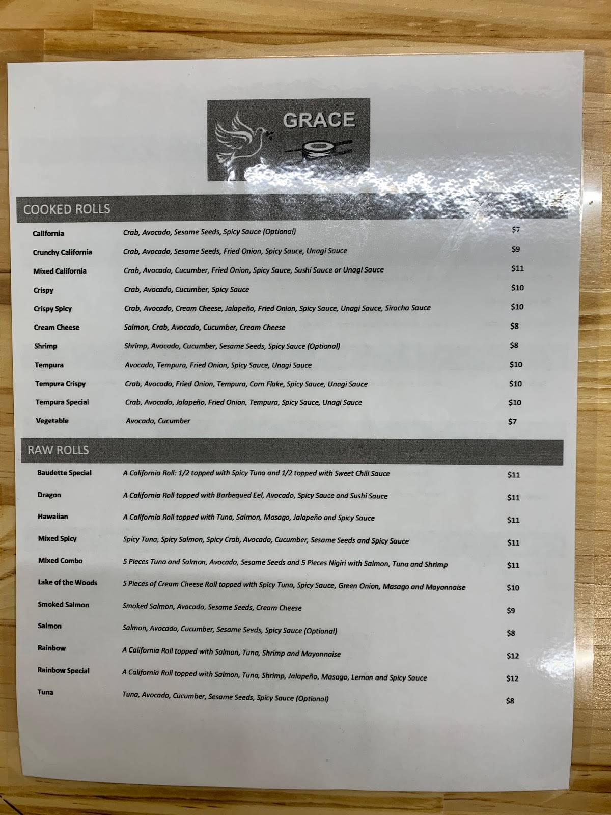 Menu at Grace Sushi restaurant, Baudette