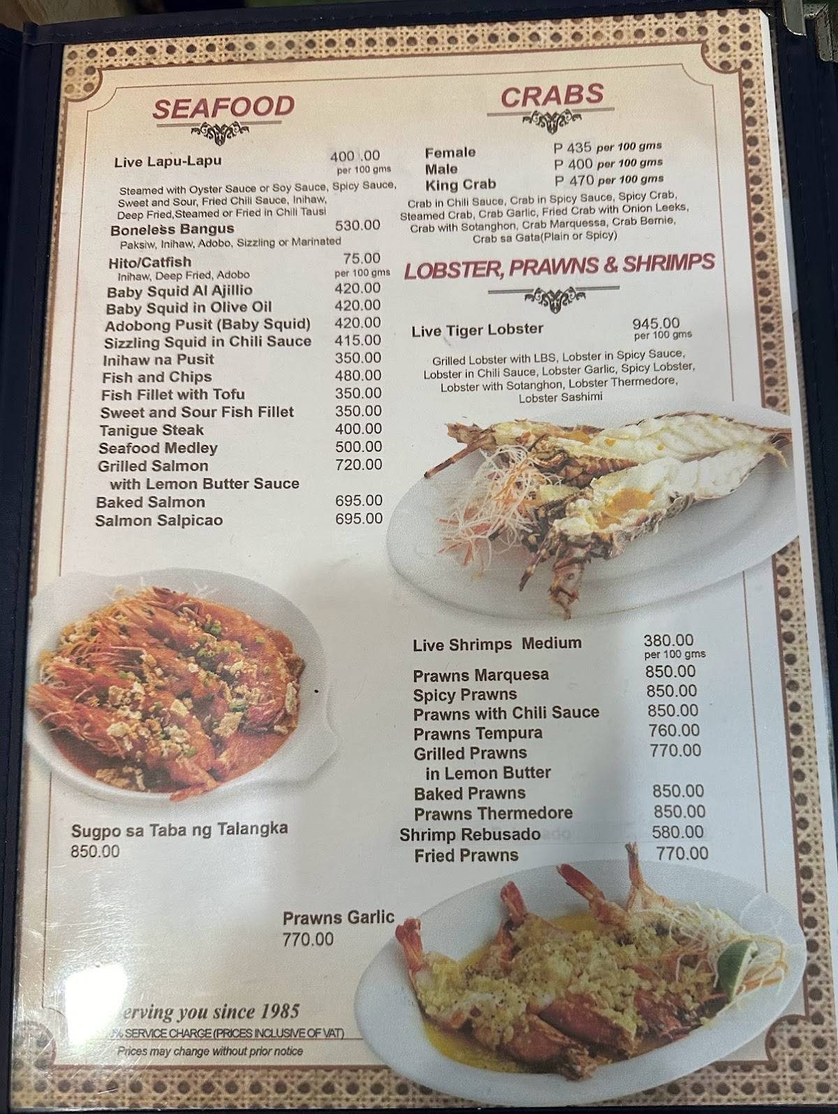 Menu at Harbor View Restaurant, Manila, South Dr