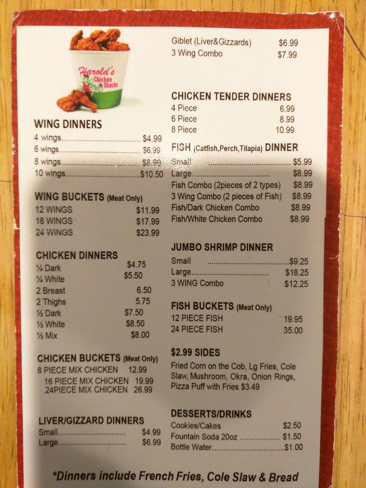 Menu at Harold's Chicken Shack restaurant, Hammond