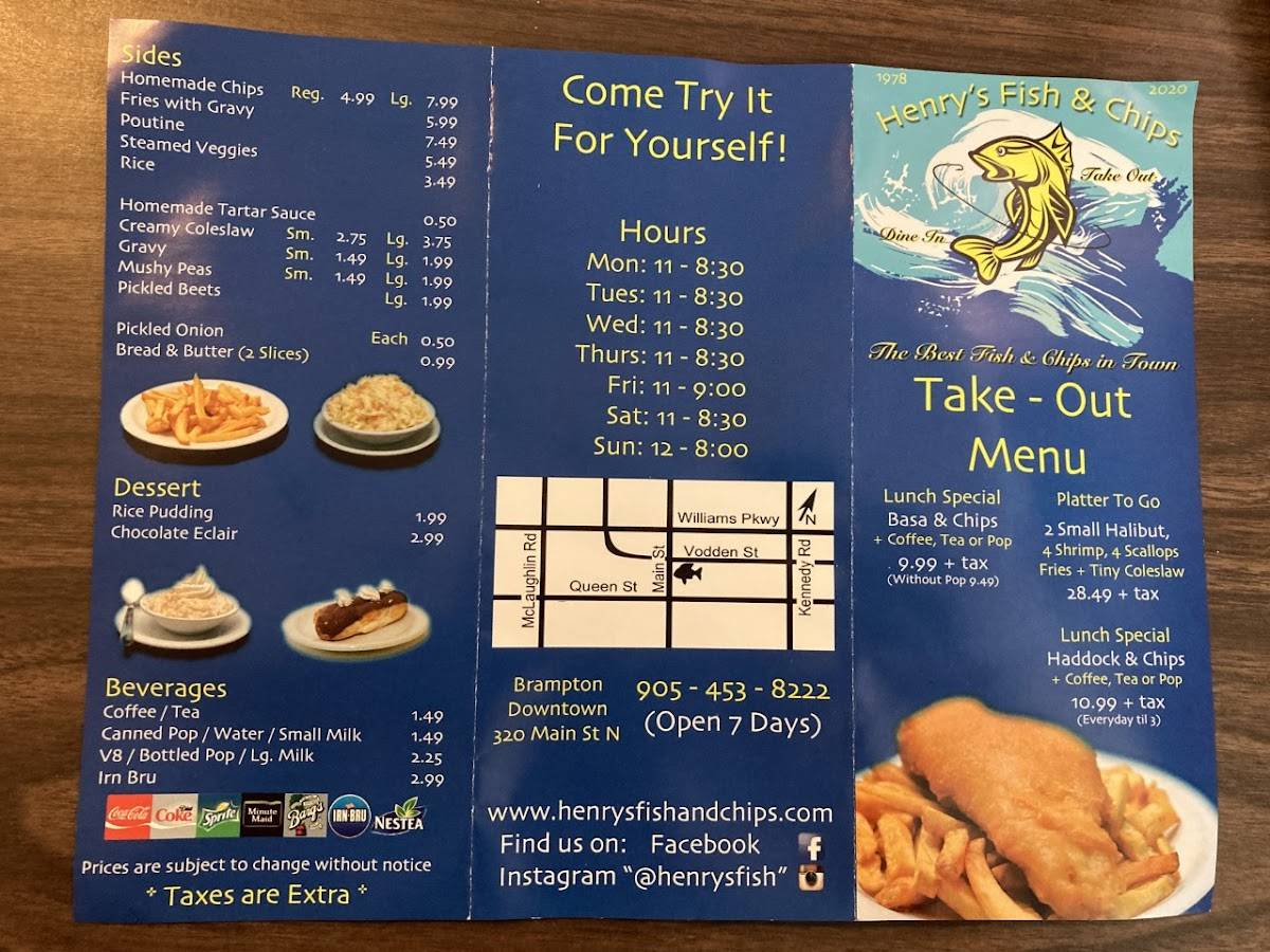 Menu at Henry's Fish & Chips restaurant, Brampton, 320 Main St N