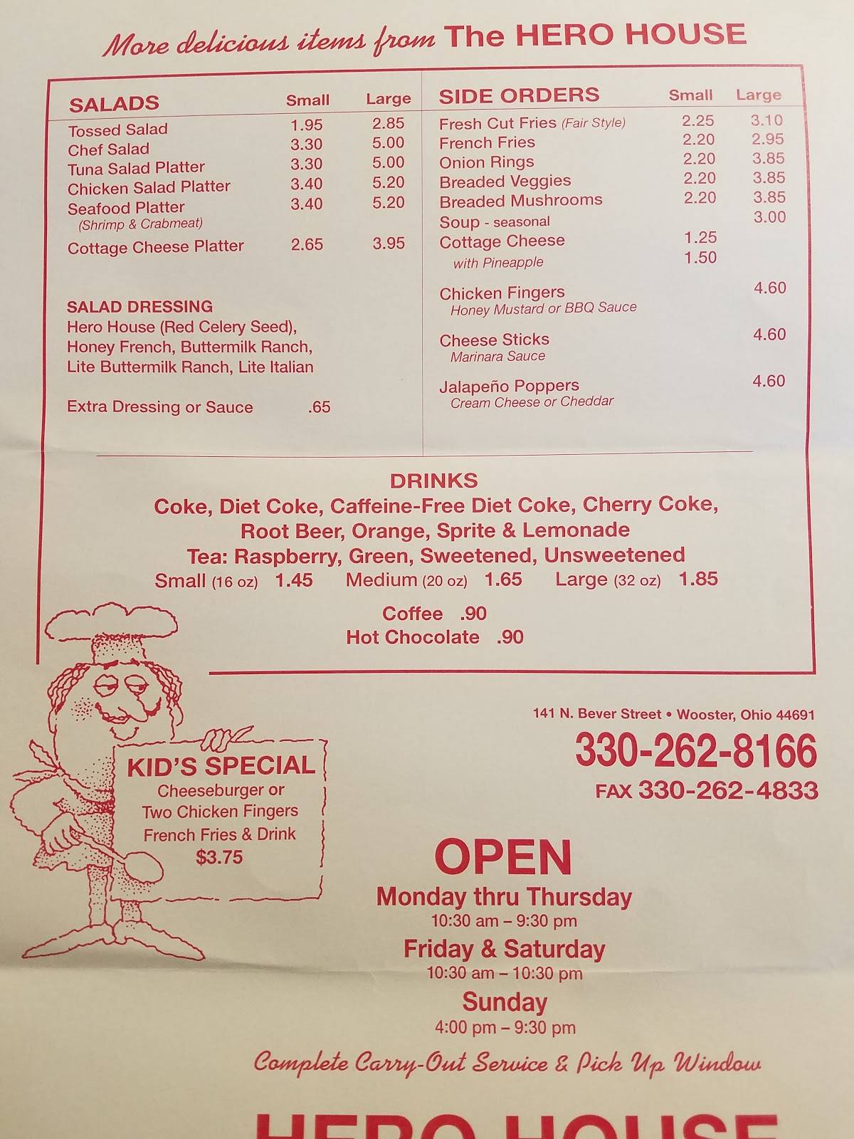 Menu at Hero House restaurant, Wooster