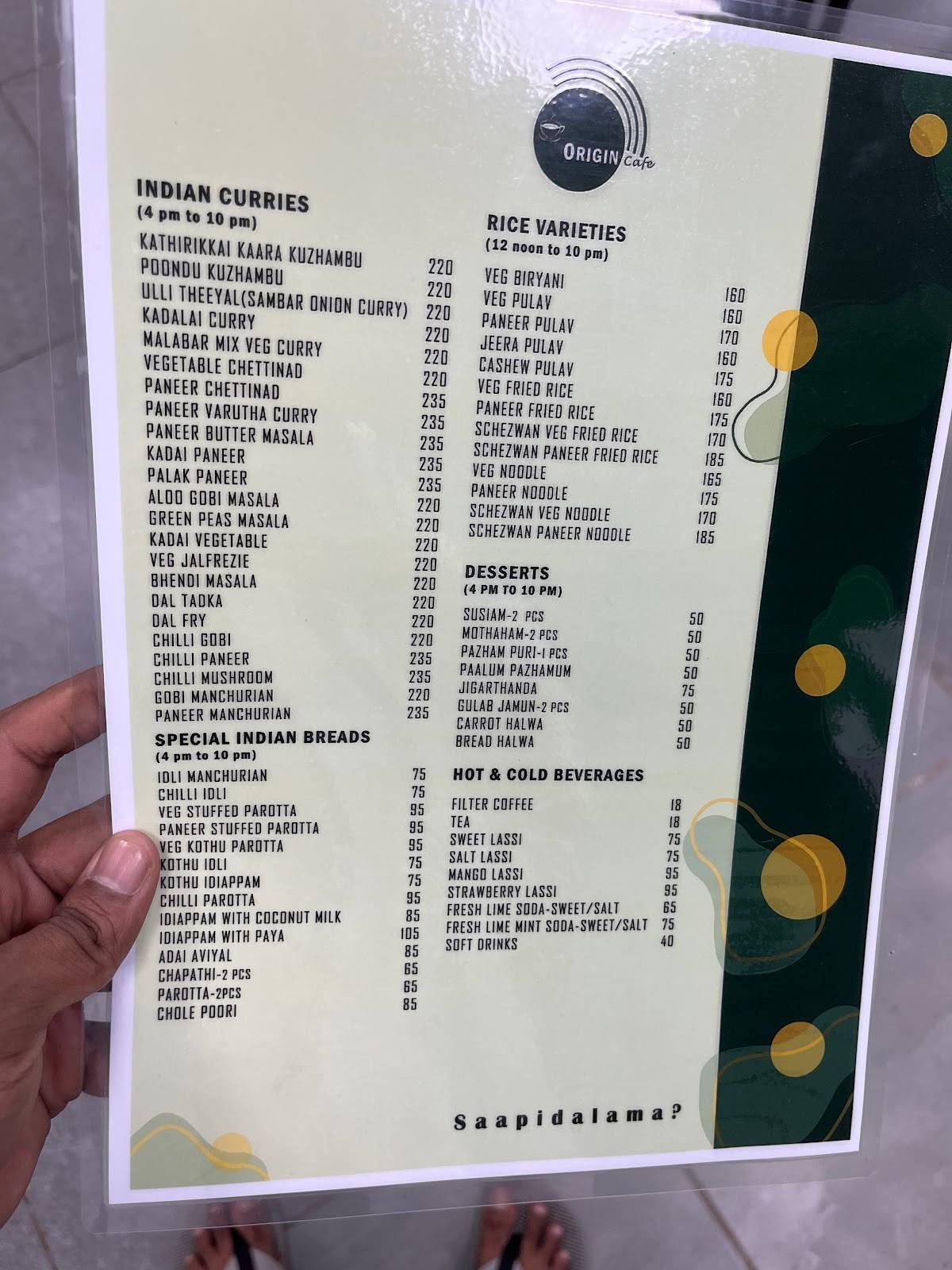 Menu at Idli Vada Sambar (VSI Estate), Chennai