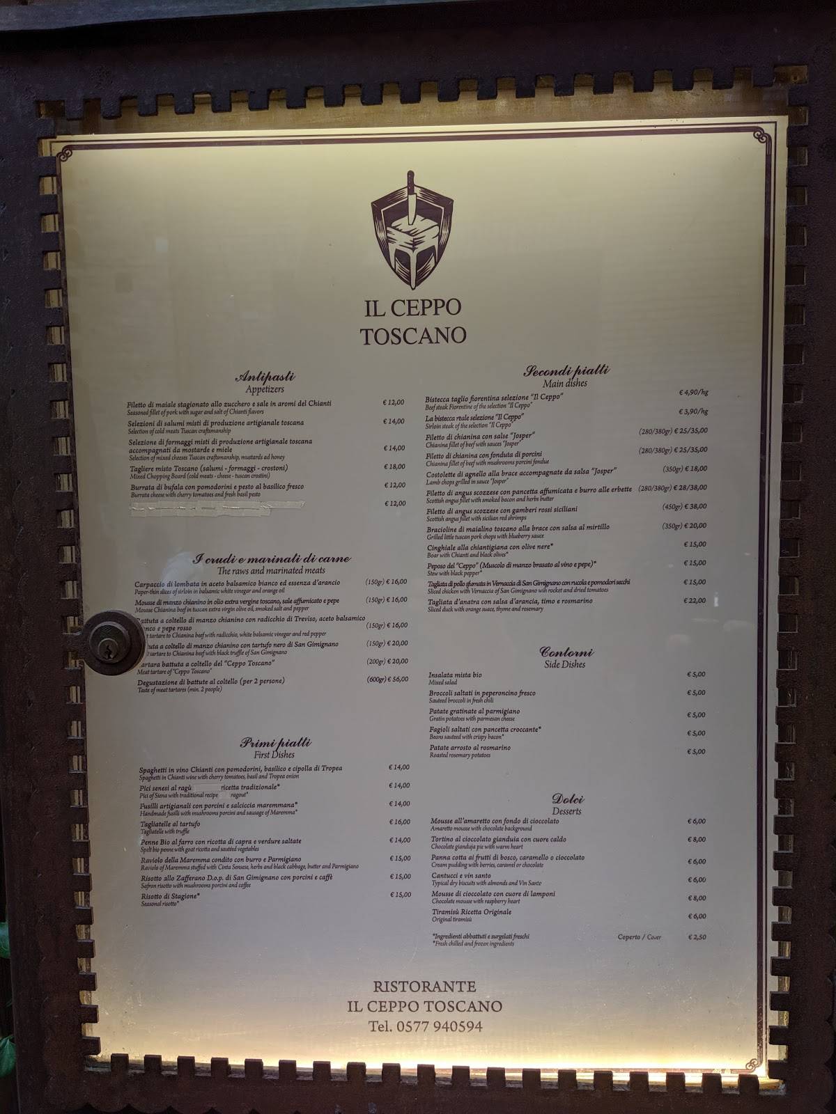Speisekarte von Il Ceppo Toscano restaurant, San Gimignano