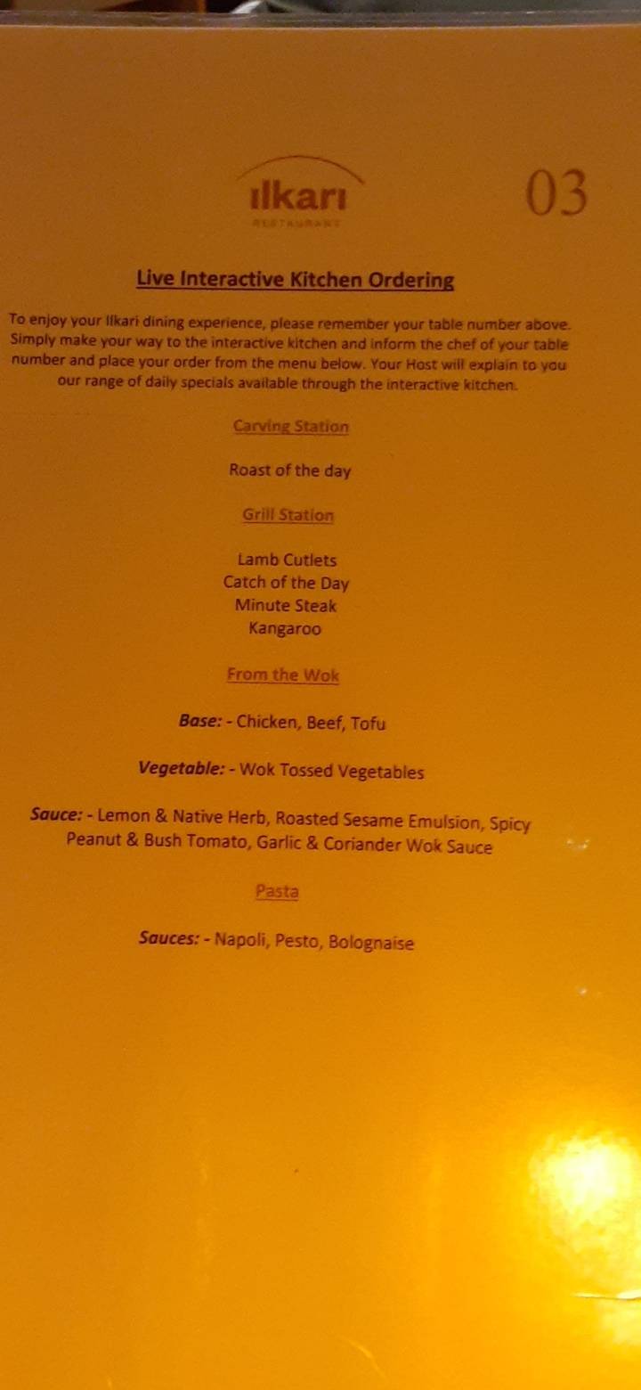 Menu at Ilkari Restaurant, Yulara