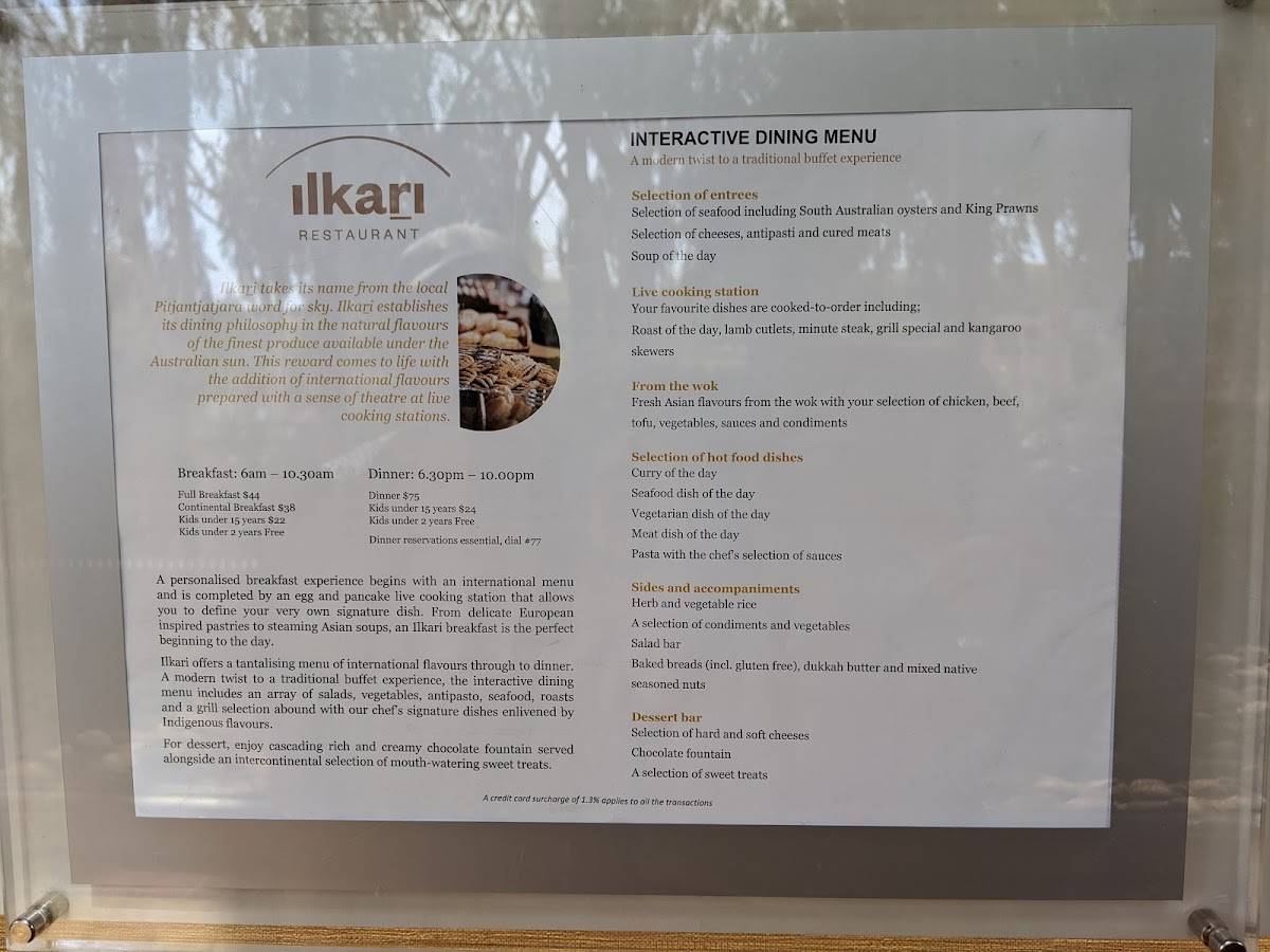 Menu at Ilkari Restaurant, Yulara