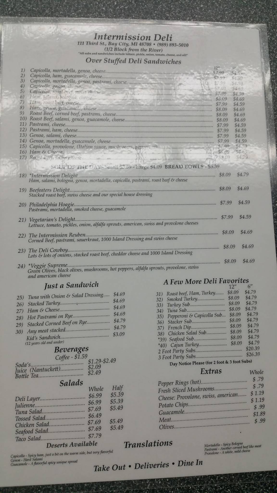 Menu at Intermission Deli fast food, Bay City