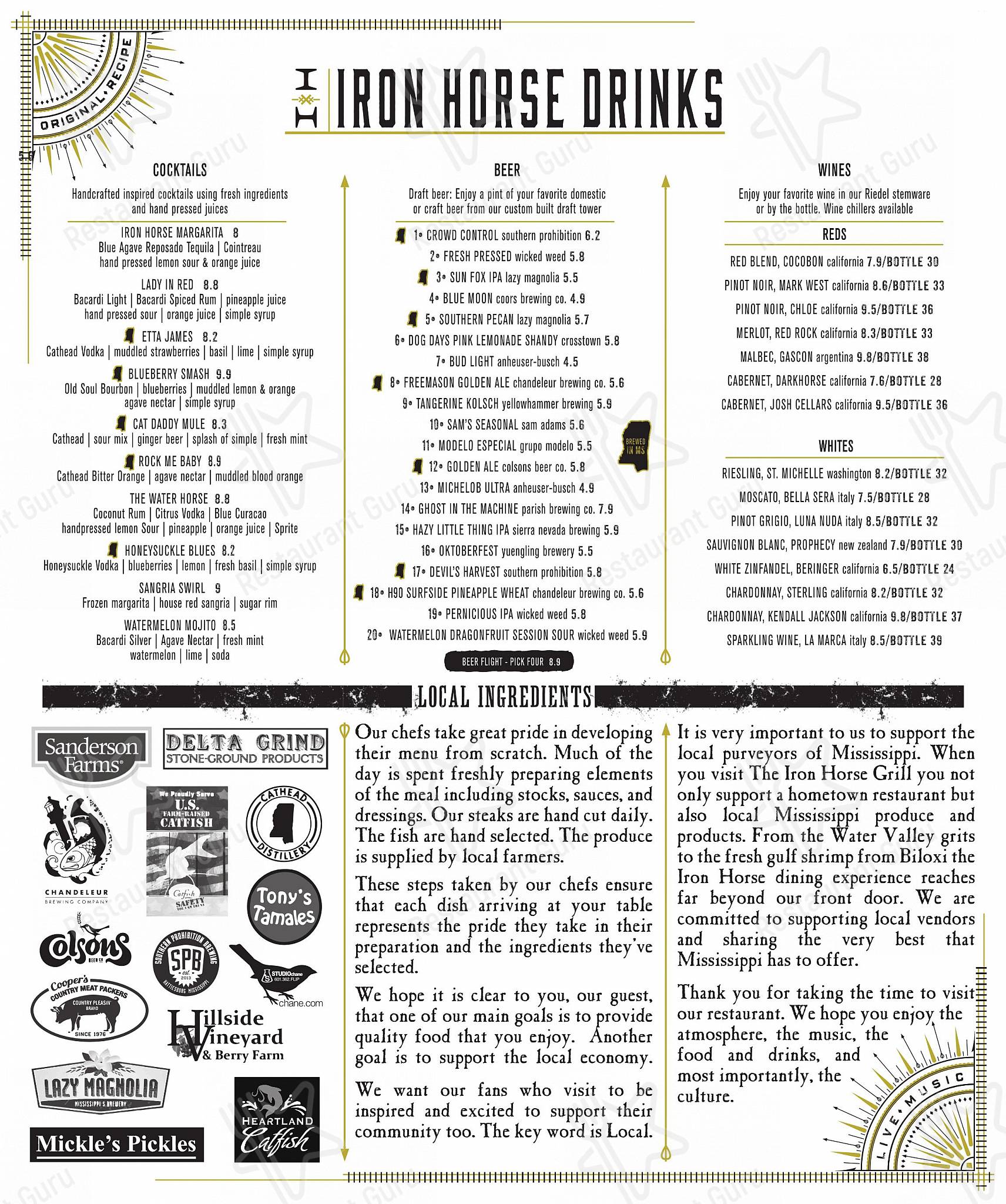 Menu at The Iron Horse Grill restaurant, Jackson