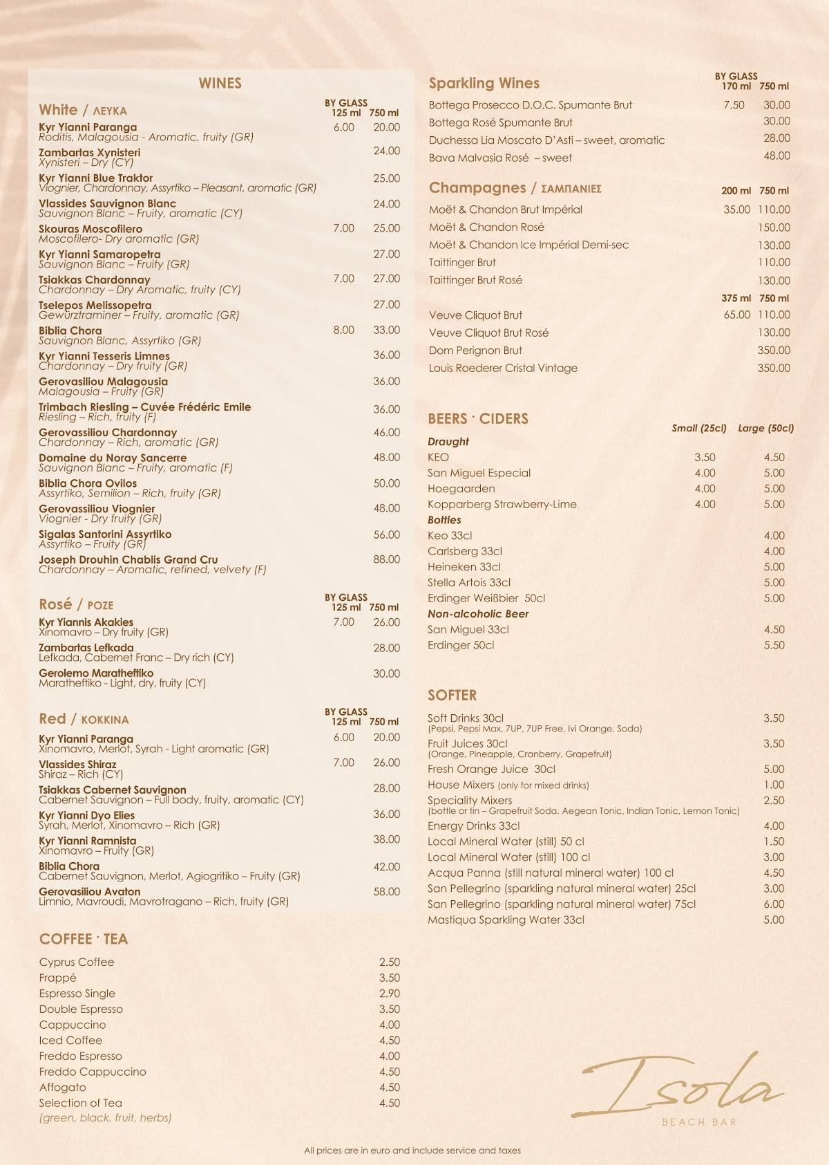 Menu at Isola Beach Bar by Nissi Beach, Ayia Napa