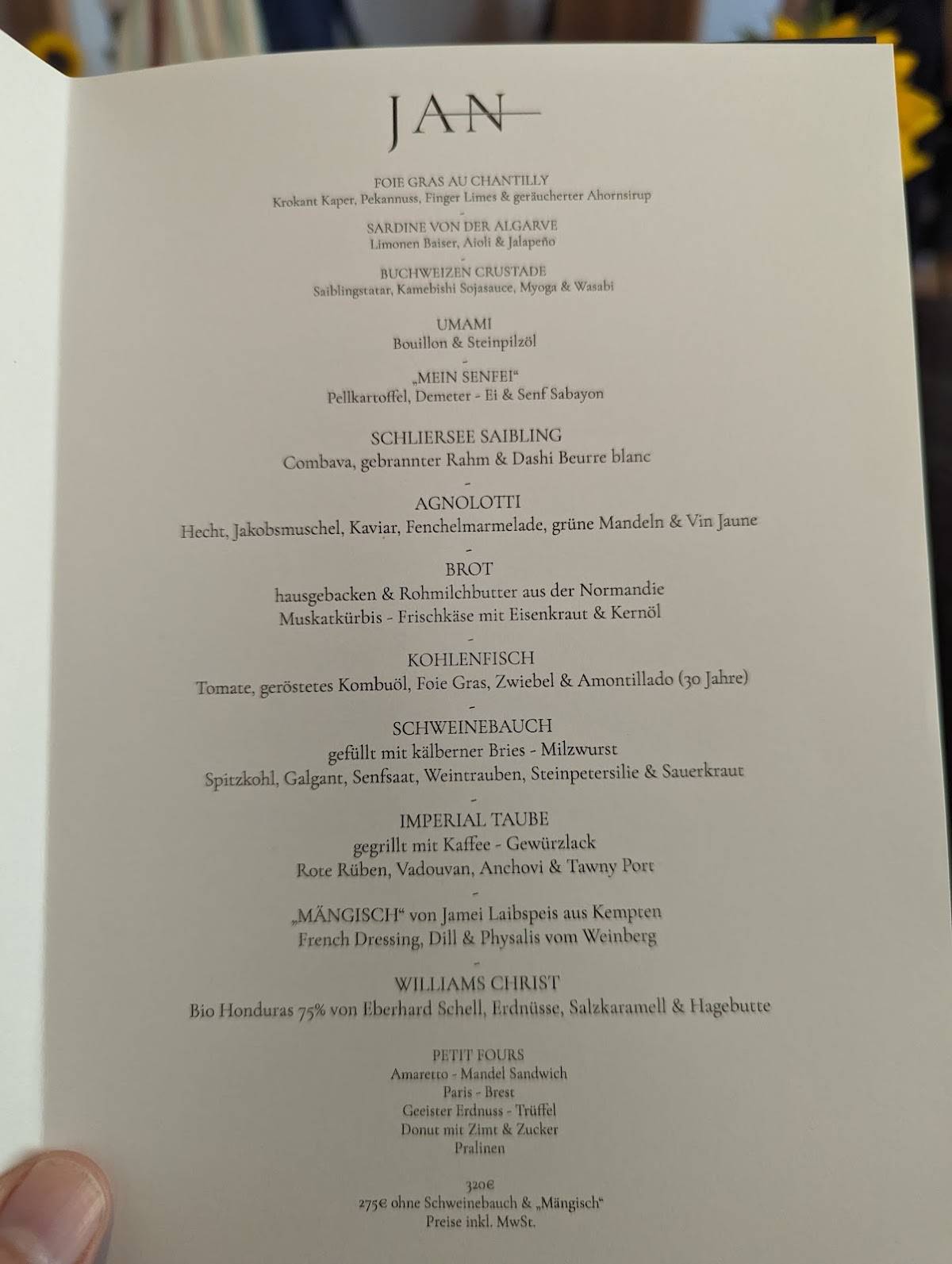 Carta de Restaurant JAN - Jan Hartwig, Munich