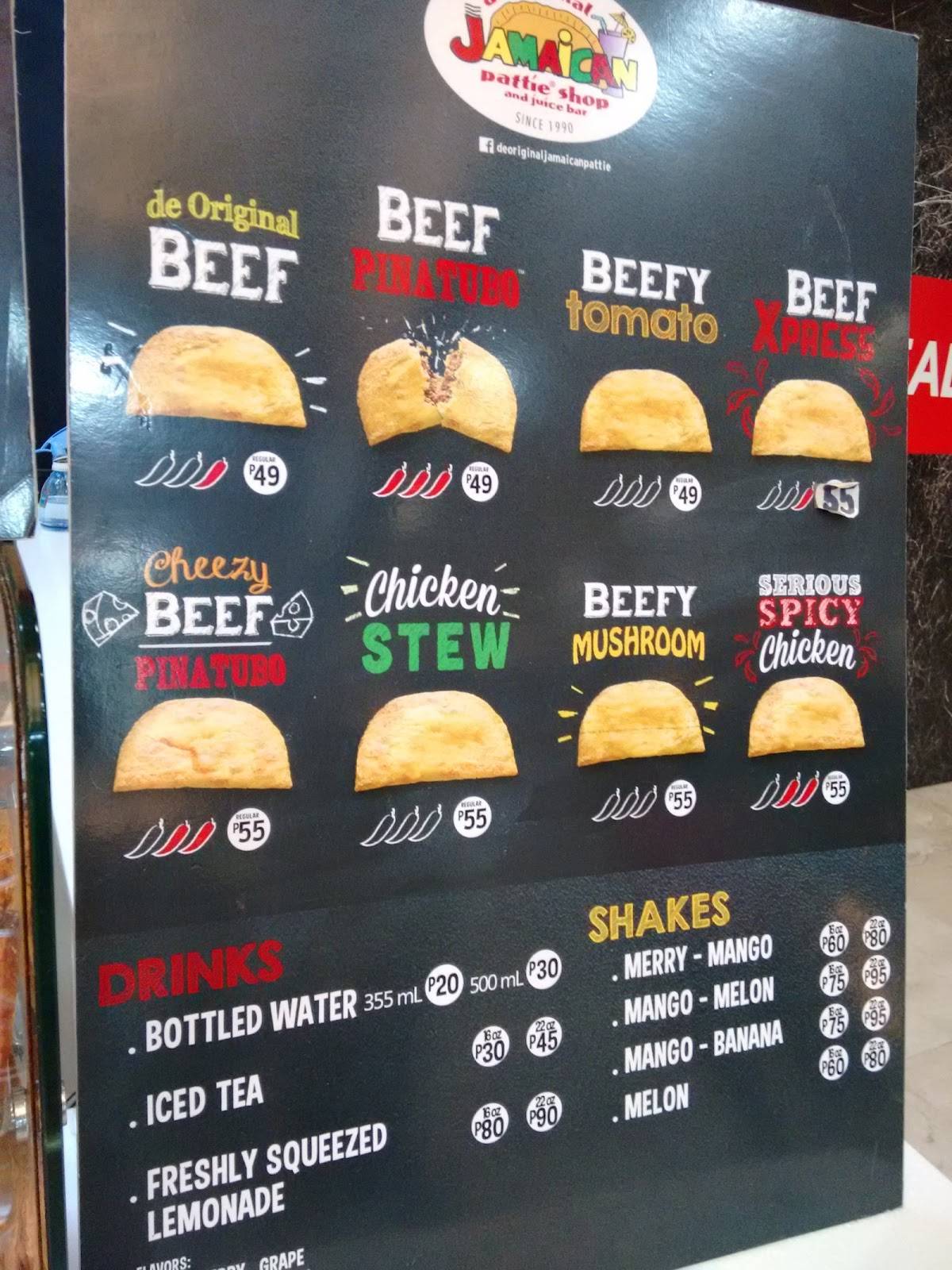 Menu at Jamaican Pattie fast food, Quezon City, J3C3+W23