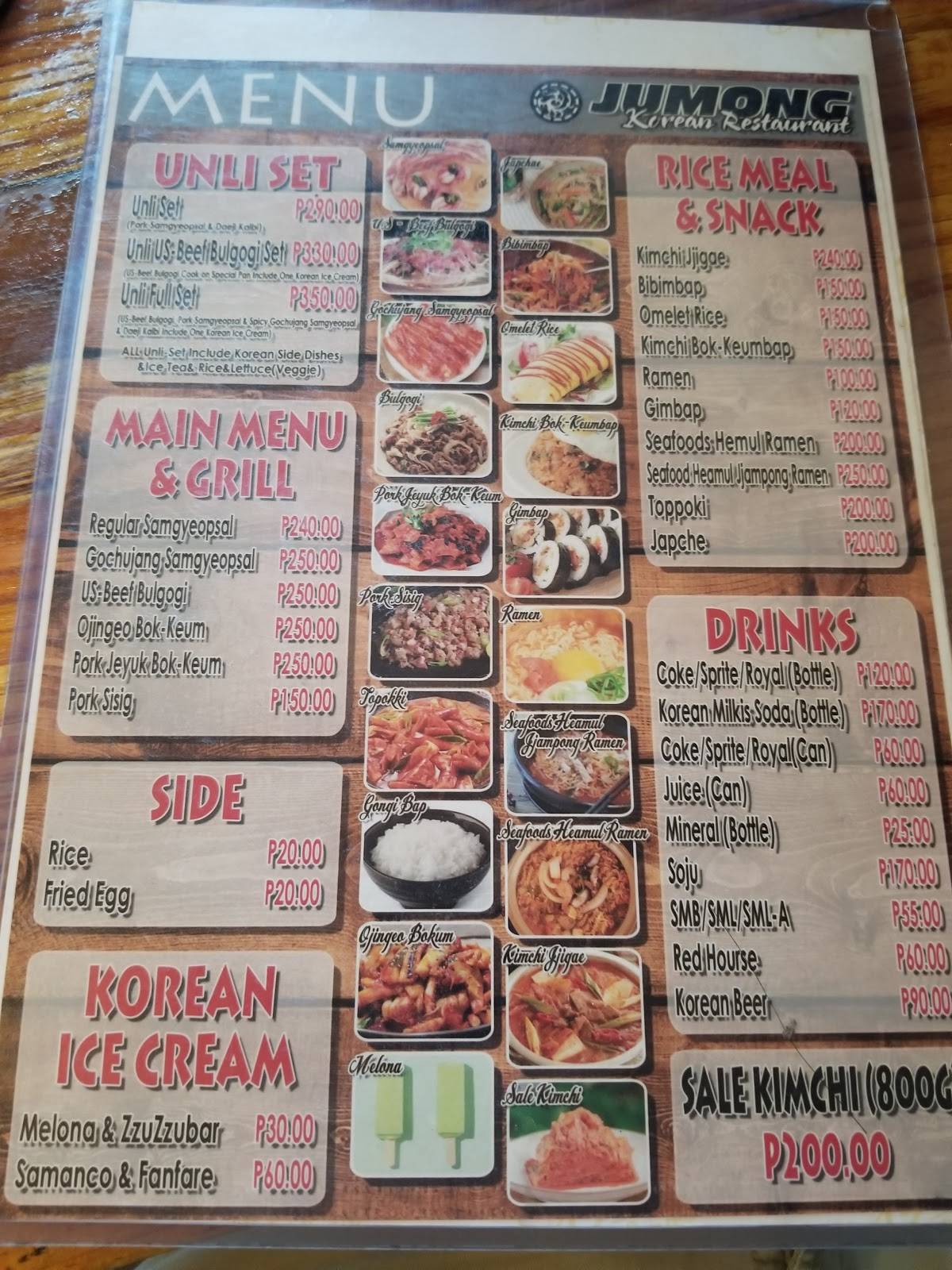 Menu at Jumong Korean Restaurant, Tarlac City