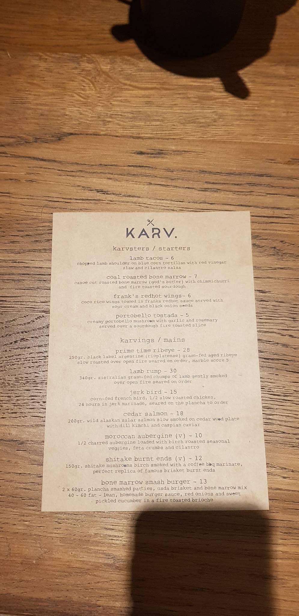 Menu at Karv Steakhouse, London