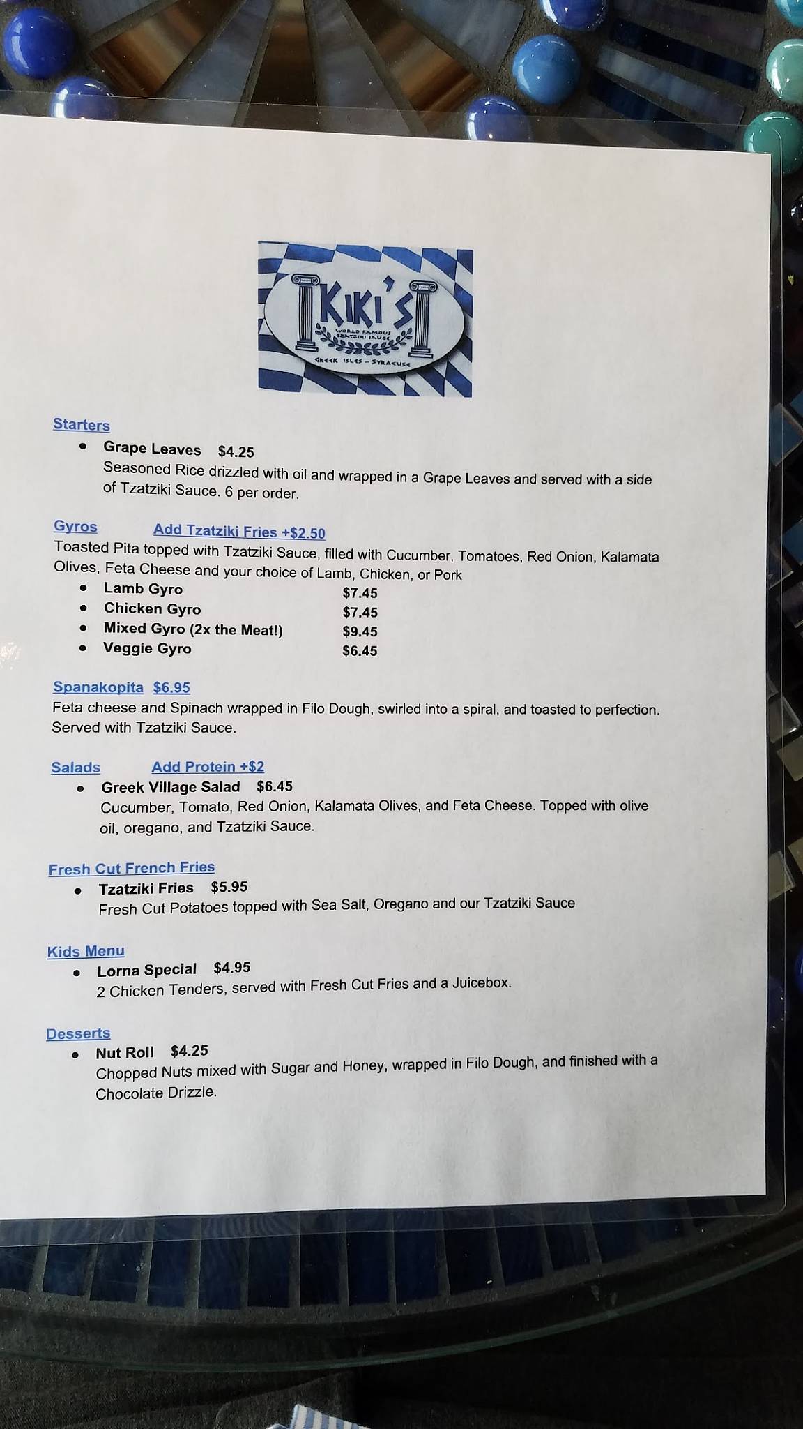 Menu at Kiki's Authentic Greek Food restaurant, Camillus, 64 W Genesee St