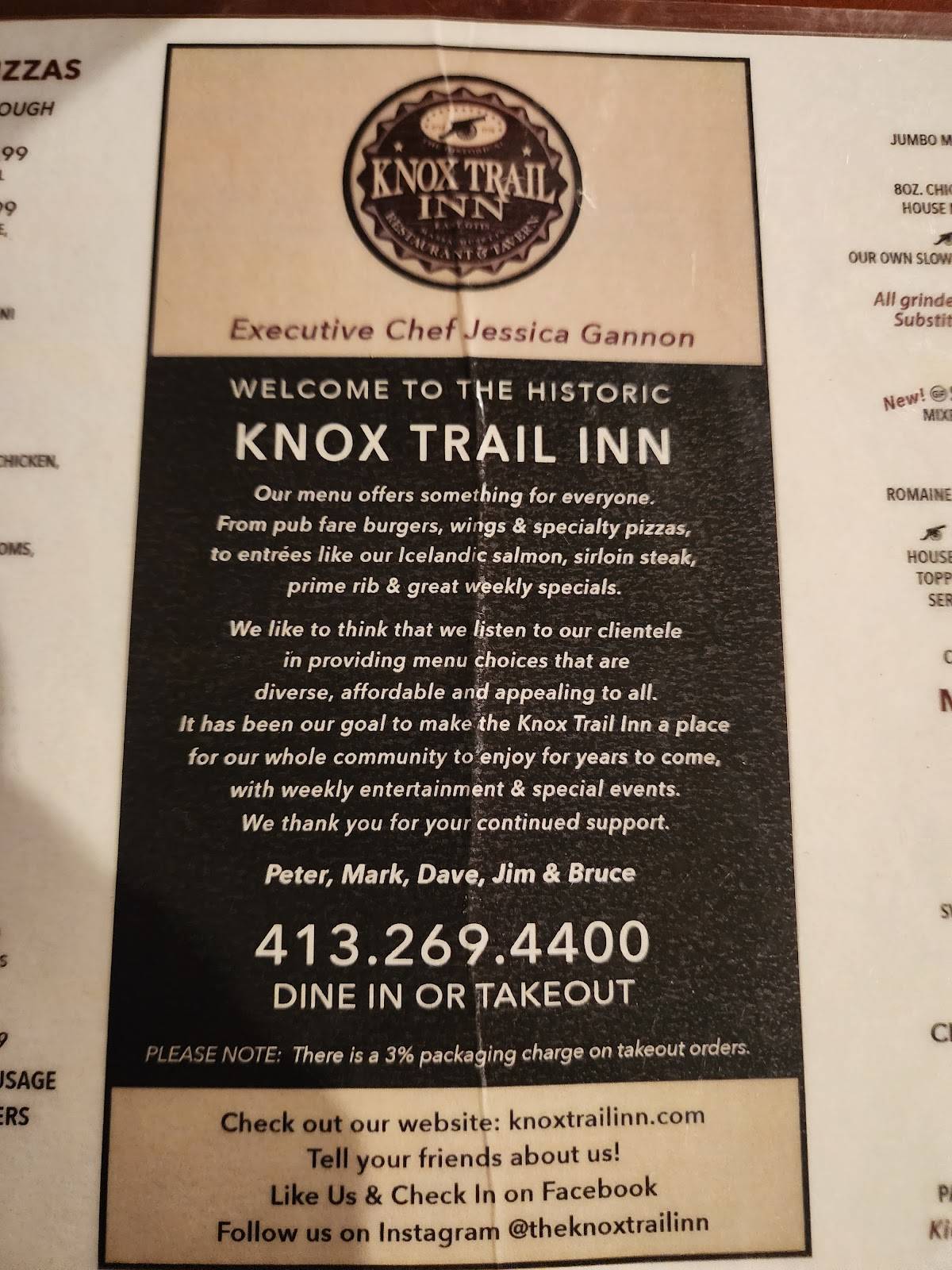 Menu at Knox Trail Inn restaurant, Otis