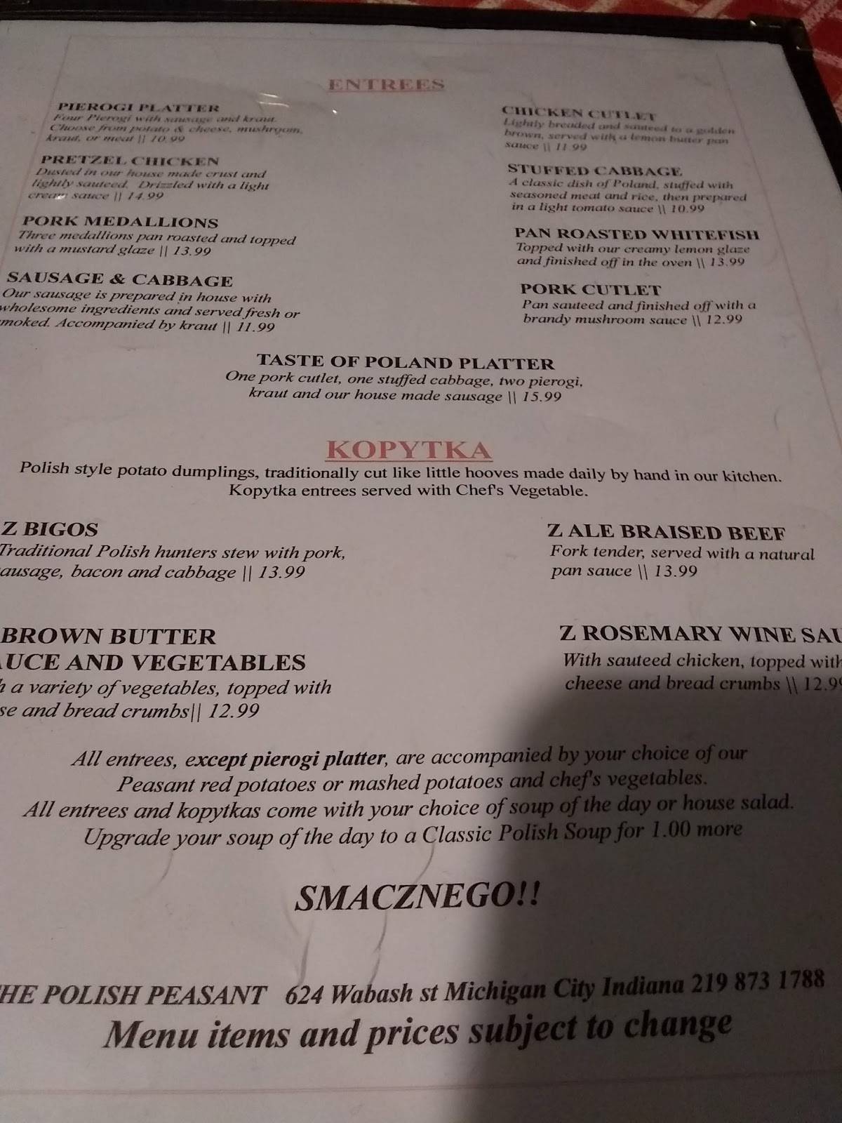 Menu at Kolasa’s Restaurant (The Polish Peasant), Michigan City