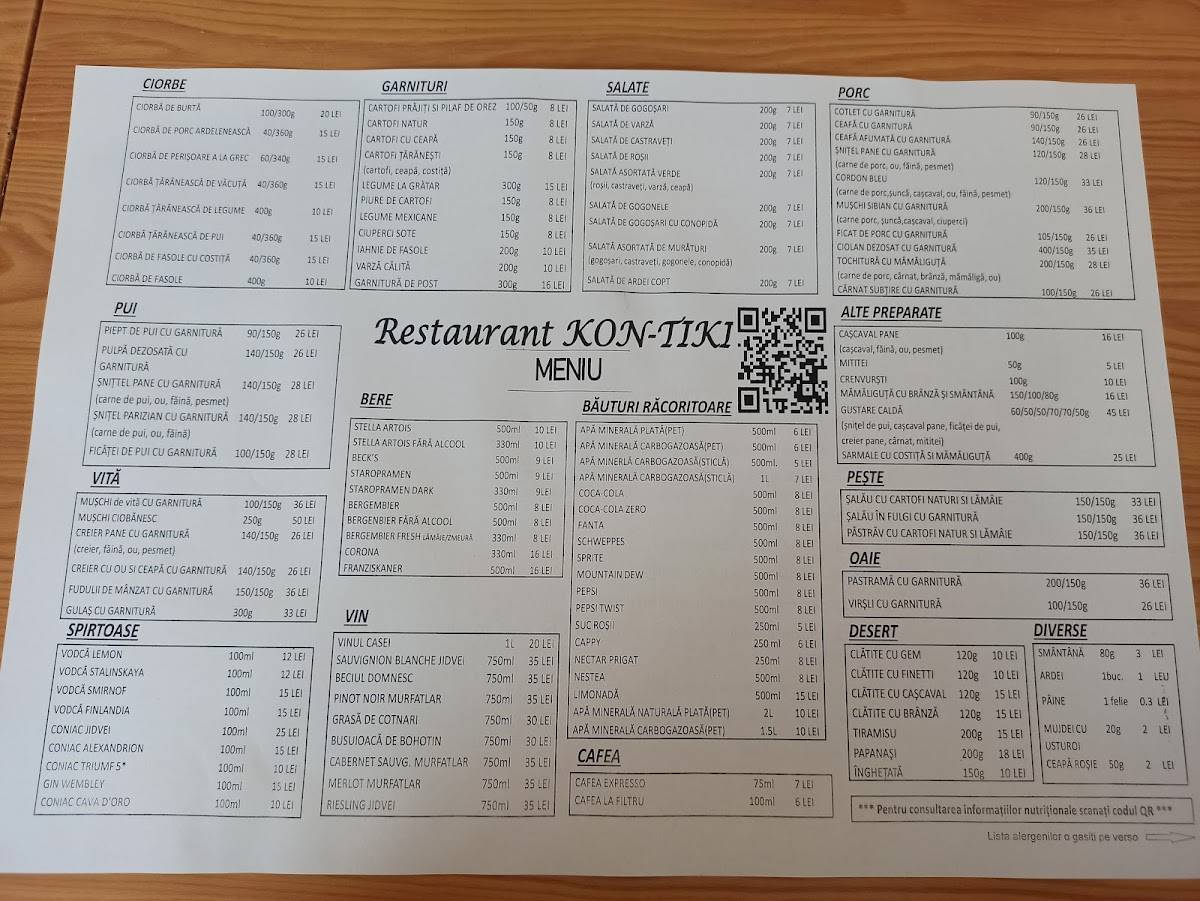 Menu at Kon Tiki, Sibiu
