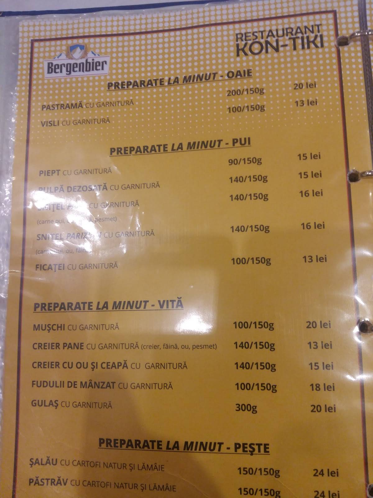 Menu at Kon Tiki, Sibiu
