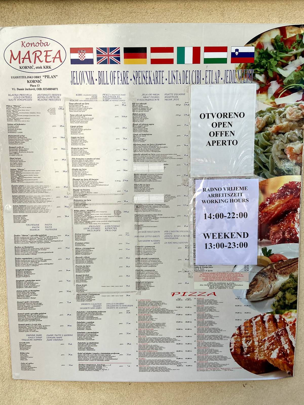 Menu at Konoba Marea restaurant, Kornić
