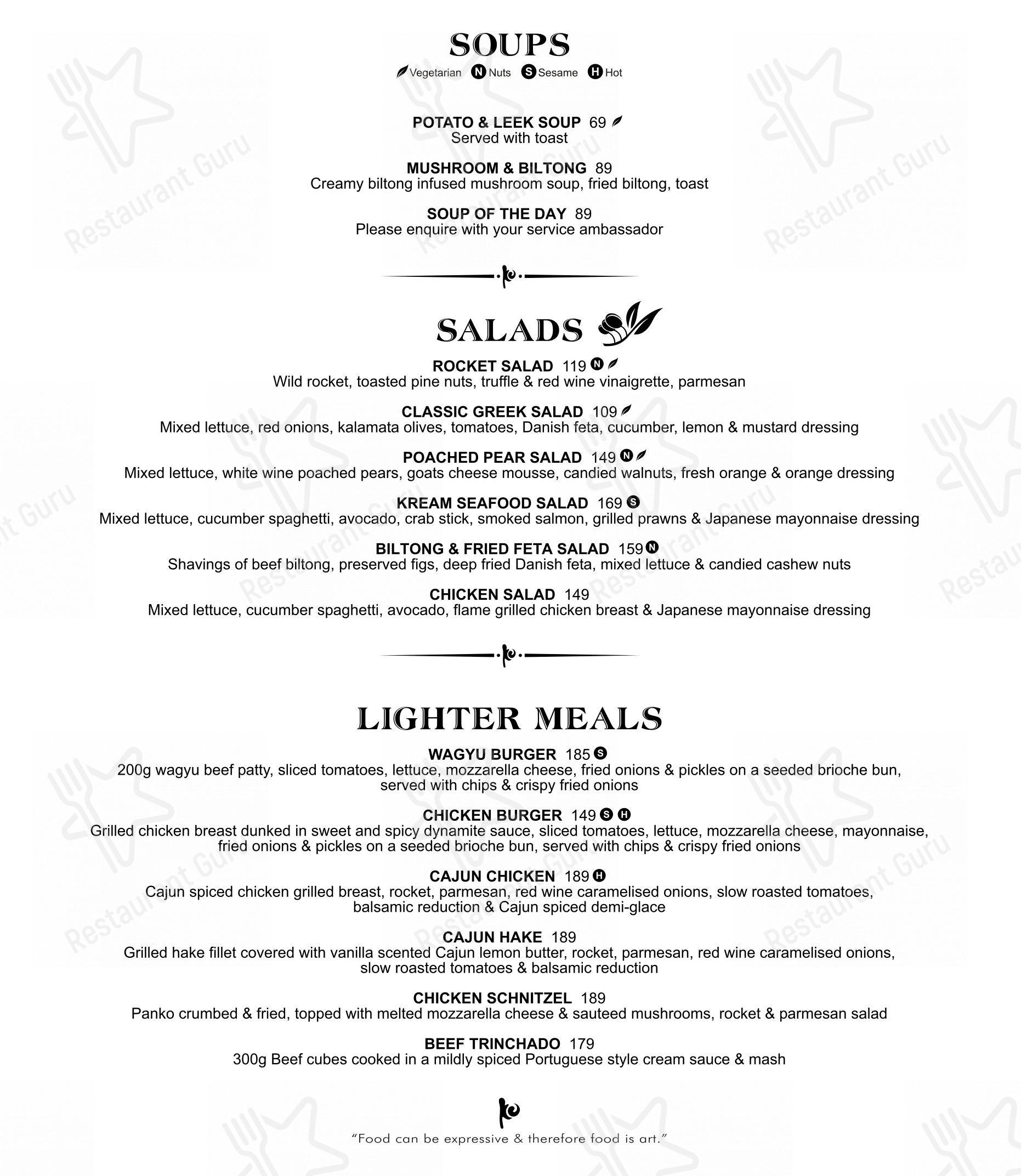 Menu at Kream Restaurant Mall of Africa, Midrand