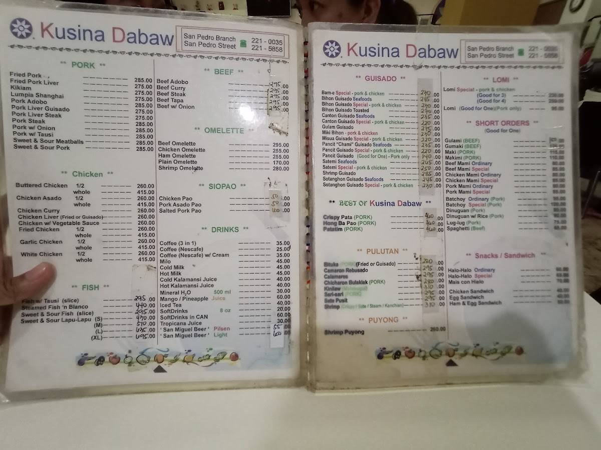 Menu at Kusina Dabaw restaurant, Davao City, San Pedro