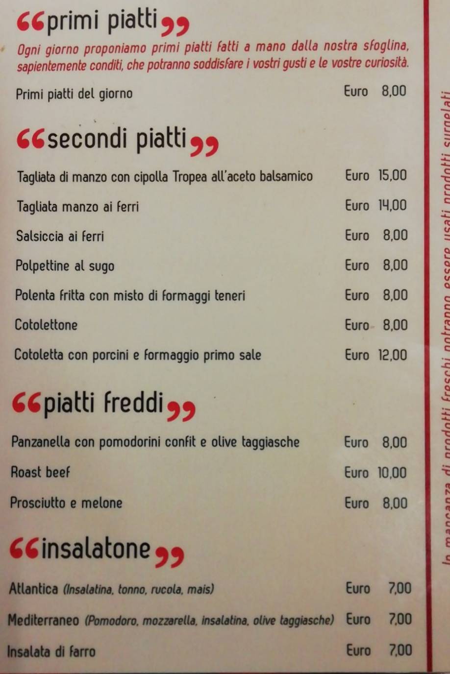 Menu da La Baracca sul Fiume, Monzuno, via Molino del pero
