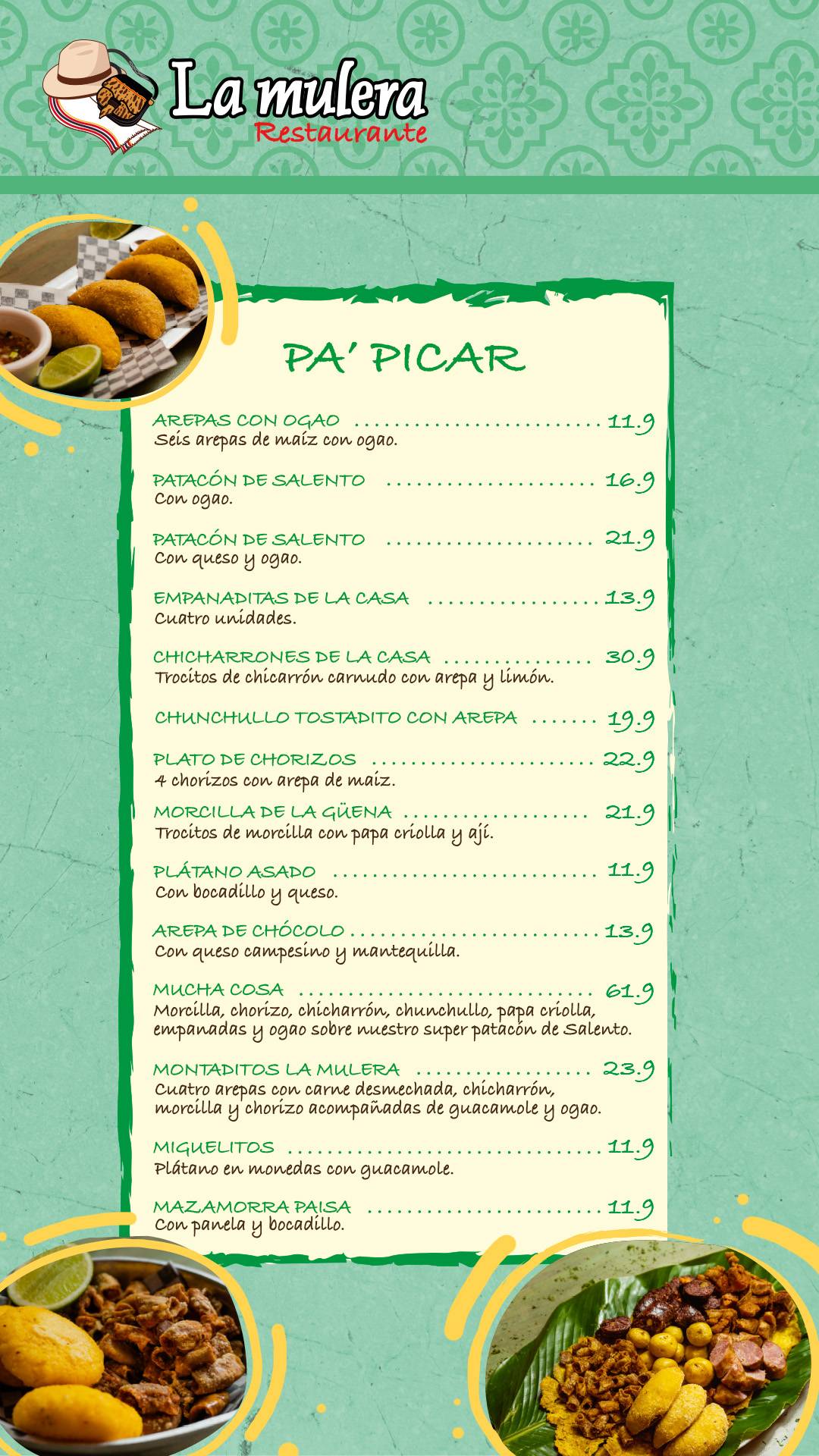 Carta del restaurante La Mulera Calle 97, Bogotá