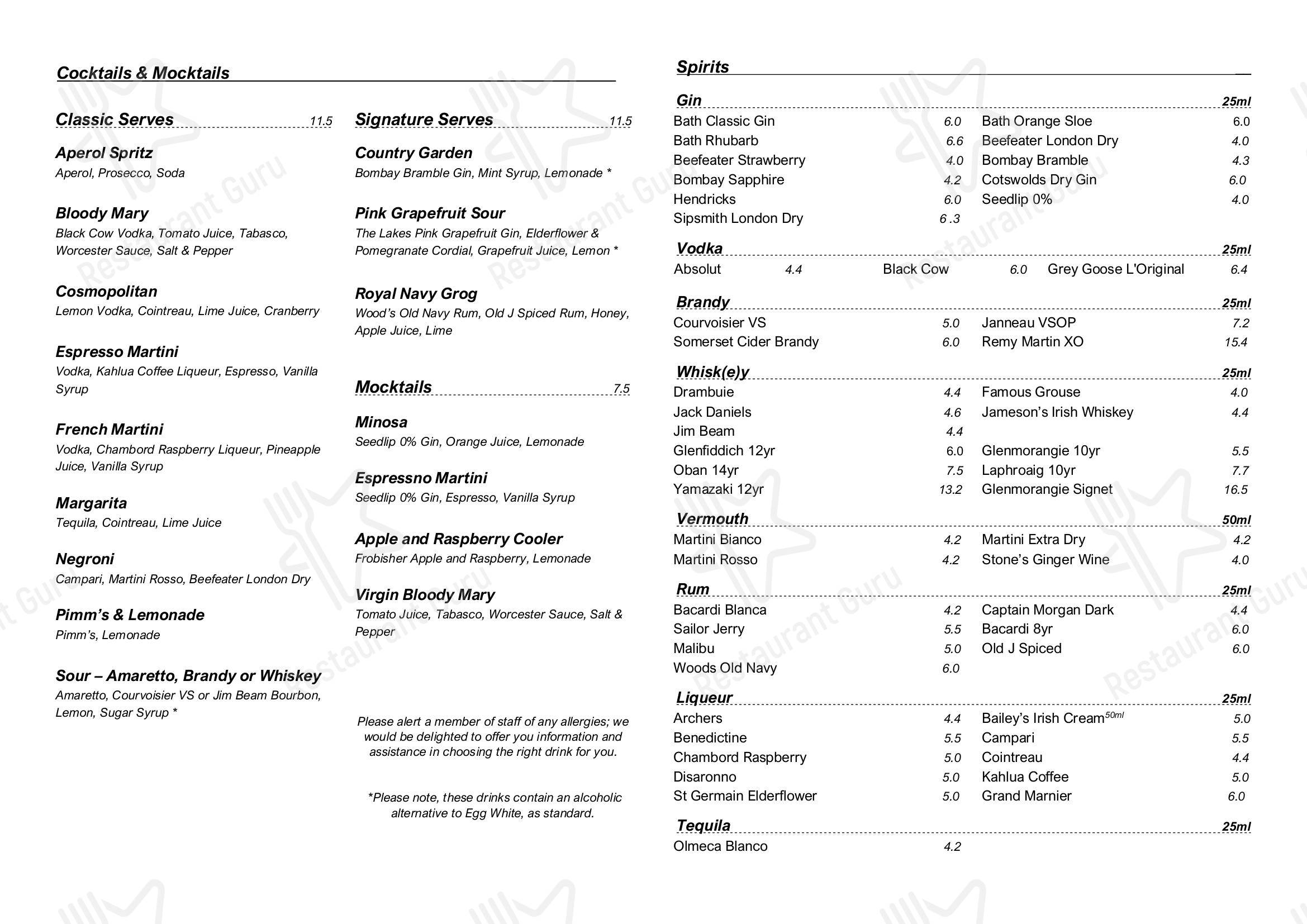 Menu at Lansdown Grove Hotel cafe, Bath