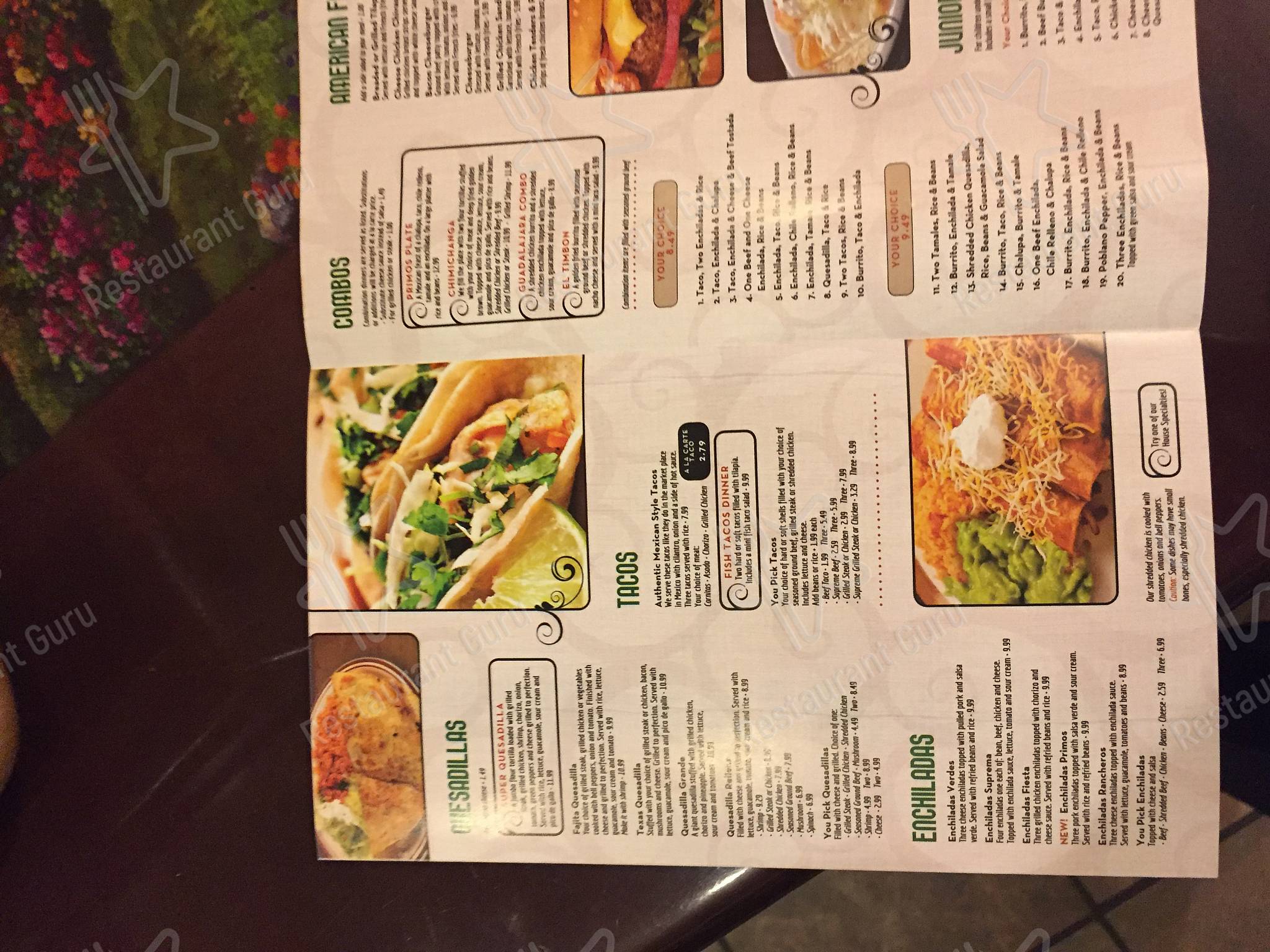 Menu at Los Primos Mexican restaurant, Hidden Valley