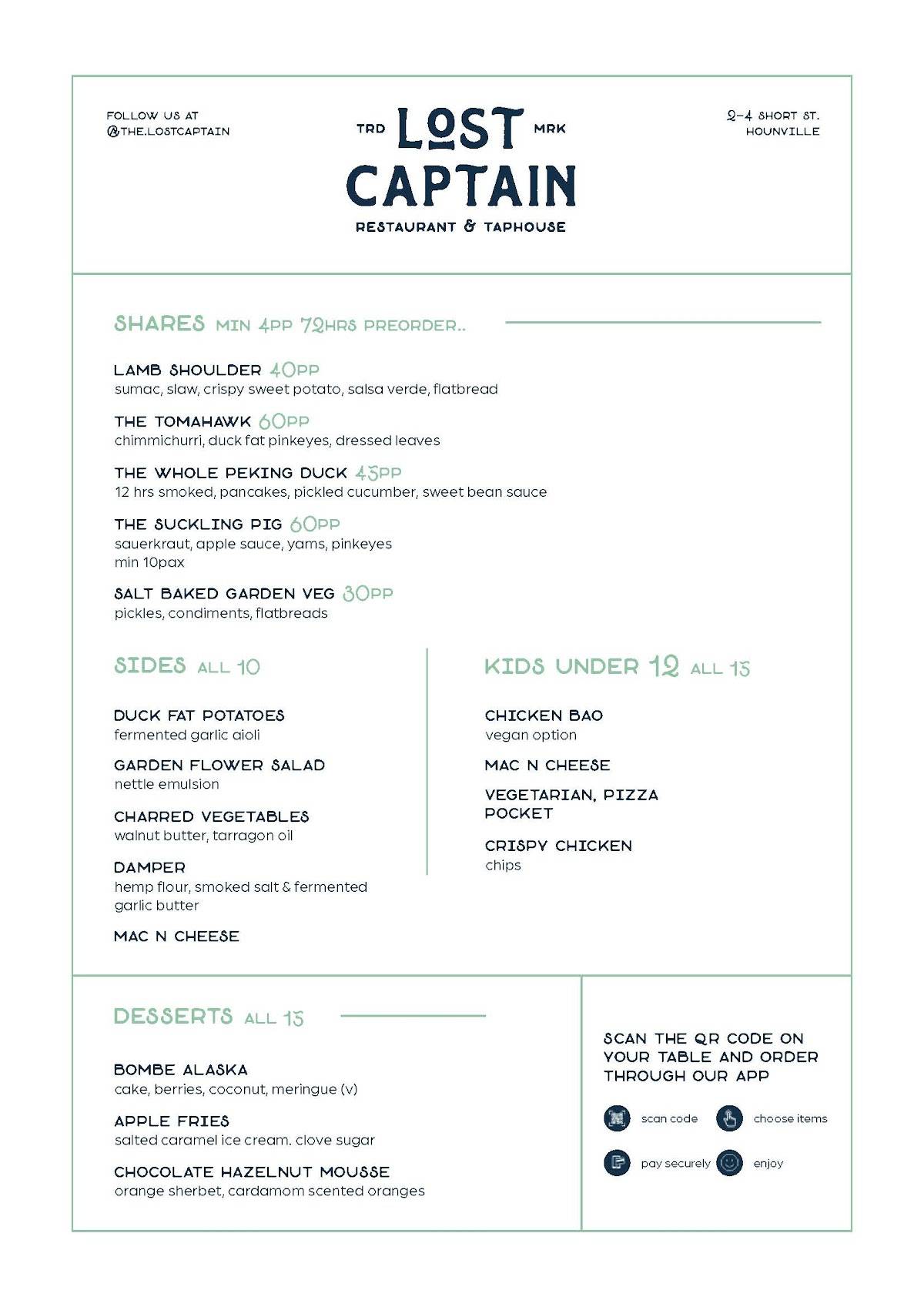 Menu at Lost Captain restaurant, Huonville
