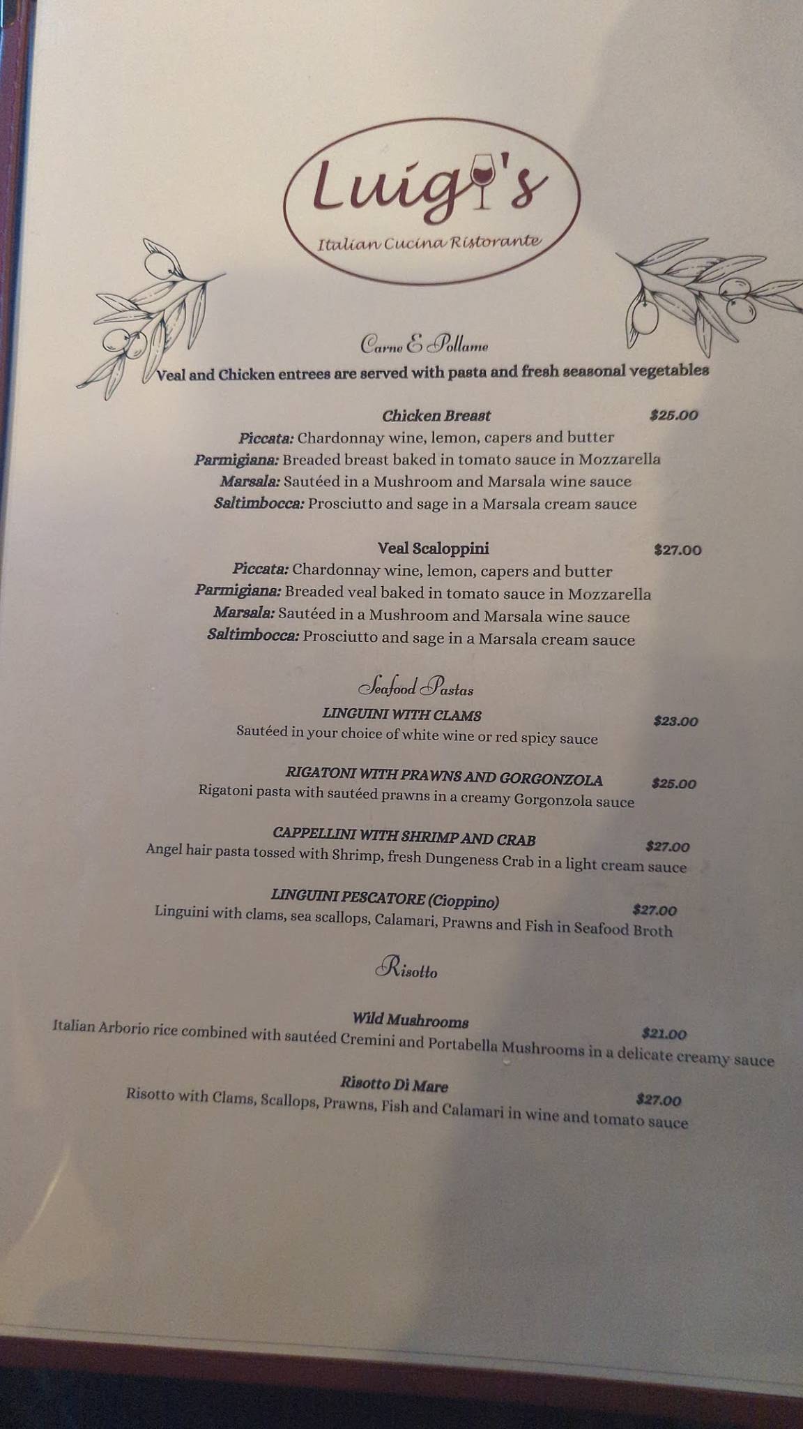 Menu at Luigi's Italian Cucina restaurant, Redmond