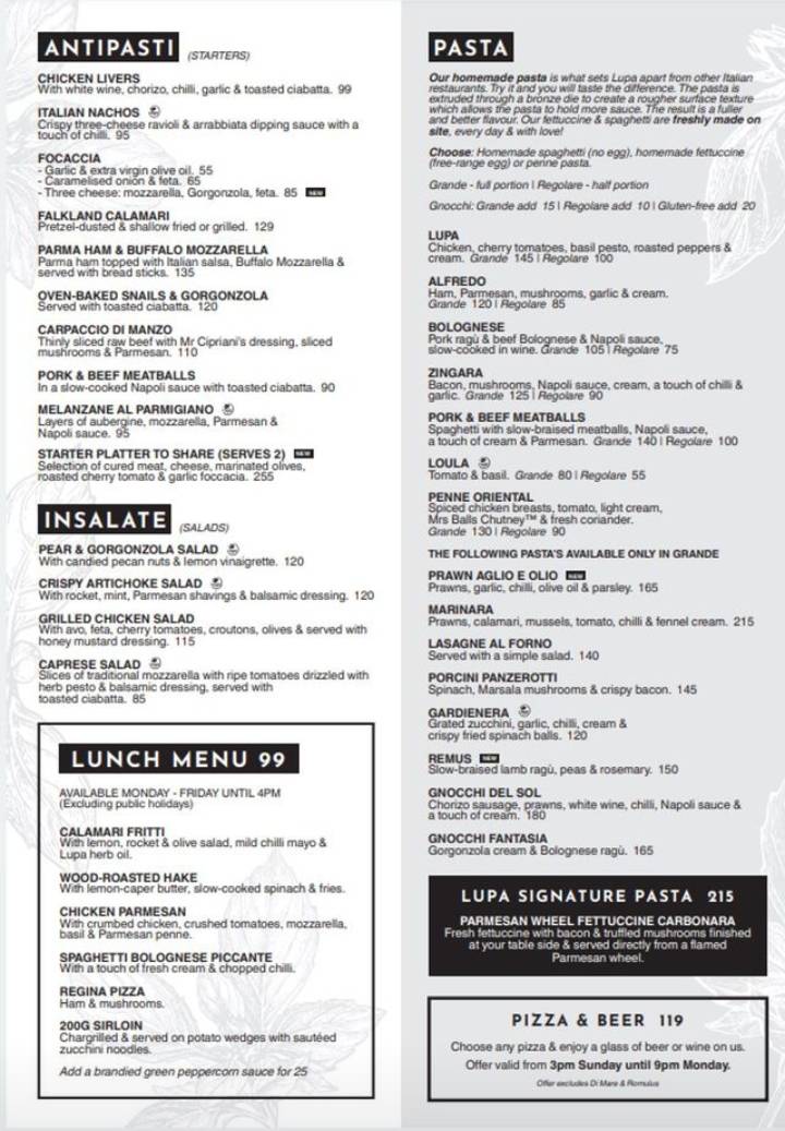 Menu at Lupa Osteria Durban North restaurant, Durban, Broadway Shopping ...