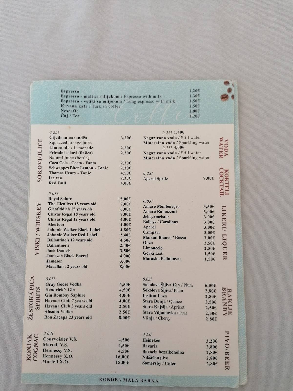 Menu at Mala Barka, Tivat